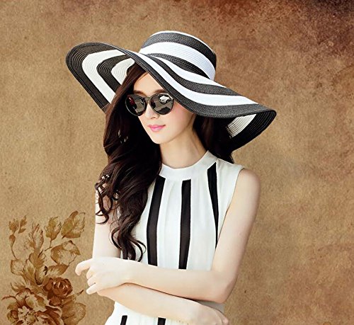 Women's Beachwear Sun Hat Black and White Striped Straw Hat Floppy Beach Hat Foldable Wide Brim Cap
