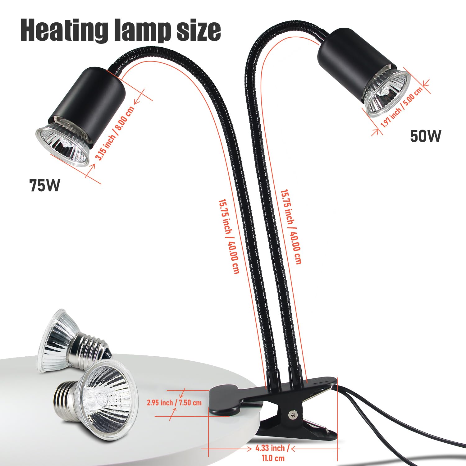 TFNN Reptile Heat Lamp, Double-Head Heat Lamp with Clamp, UVA UVB Reptile Light with Intelligent Cycle Timer for Turtle, Bearded Dragon, Lizard and More, 2 Bulbs 50W+75W