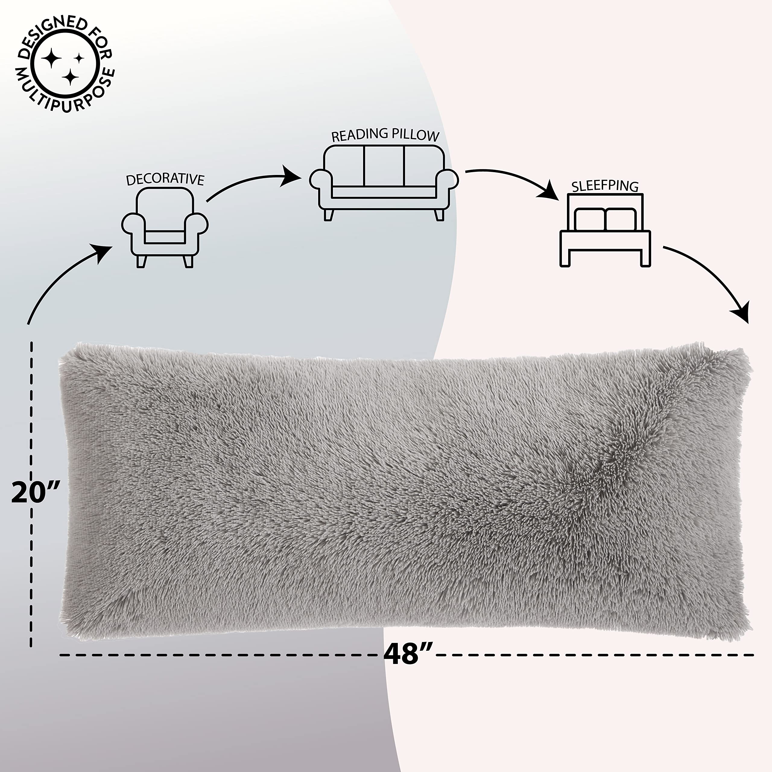 Urban Lifestyle Long Hair Faux Fur Body Pillow, 20"x48", Grey