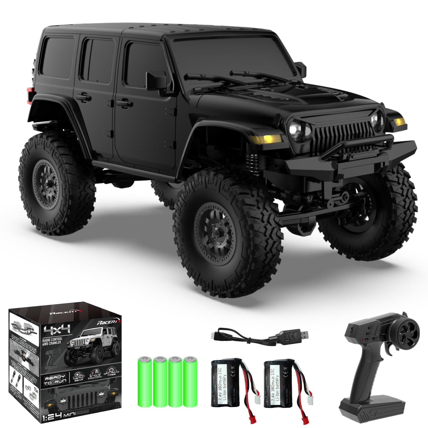 TOPMINO 4x4 Off Road RC Monster Truck with Bright Headlights, 2 Batteries, Waterproof - Climbing Remote Control Car for Kids, Black