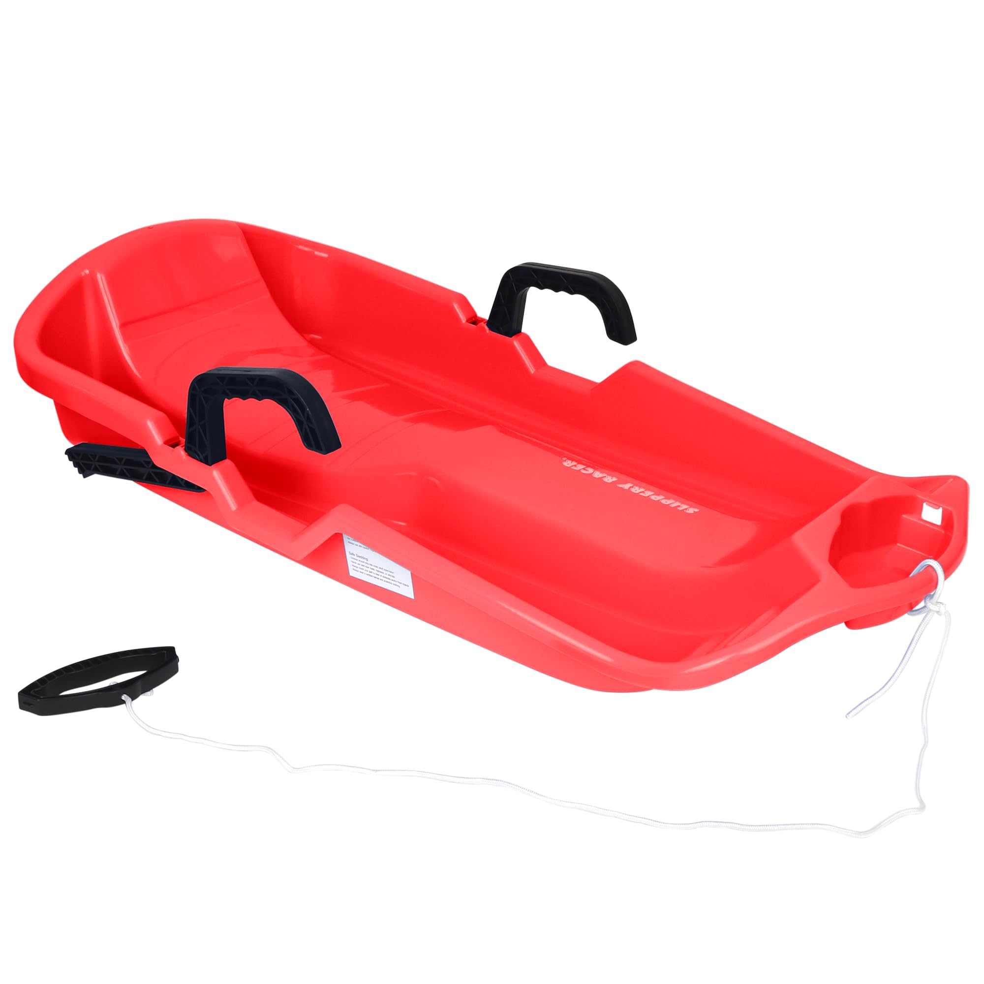 Slippery Racer Downhill Thunder Flexible Plastic Toboggan Snow Sled with Built in Brake System, Pull Rope, and Handle Grips, Red