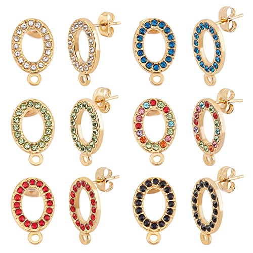 UNICRAFTALE 12Pcs 6 Colors Oval Stud Earring Findings Hypoallergenic Rhinestone Stud Earring with Loop Oval Earring with Ear Nut 0.8mm Pin Earring Posts for DIY Earrings Jewelry Making