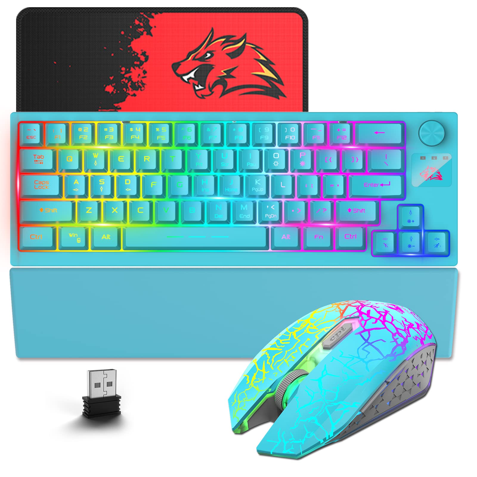 ZIYOU LANG T50 Wireless Gaming Keyboard and Mouse Combo Mini Portable with Cool RGB Backlit Ergonomic 64Key TKL Rechargeable 4000mAh Battery Anti-ghosting Media Knob for PC Mac Gamer(Black)