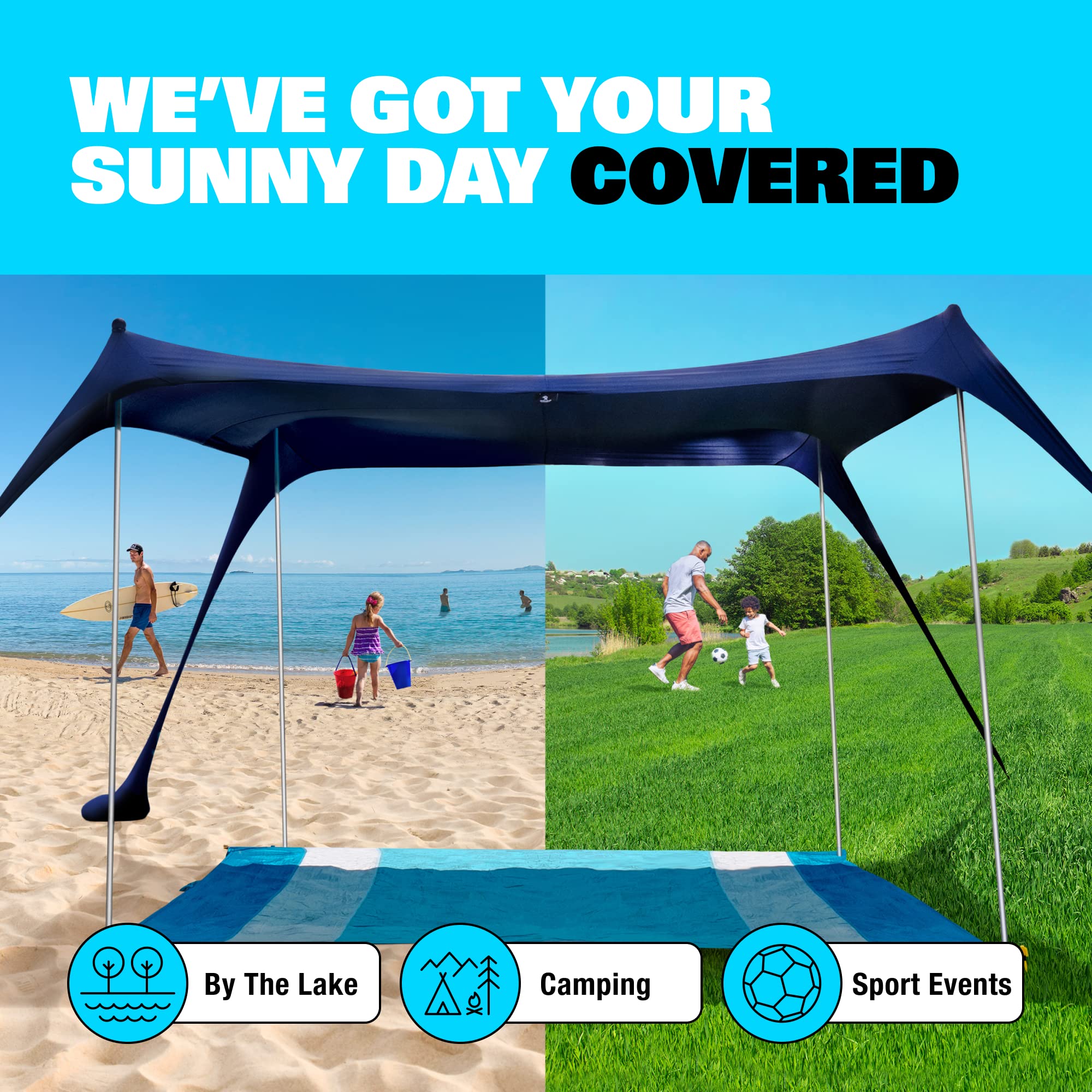 SUN NINJA Beach Tent Sun Shelter with UPF50+ Protection, Includes Sand Shovel, Ground Pegs and Stability Poles, Outdoor Pop Up Beach Shade Canopy for Camping, Fishing, Backyard Fun or Picnics