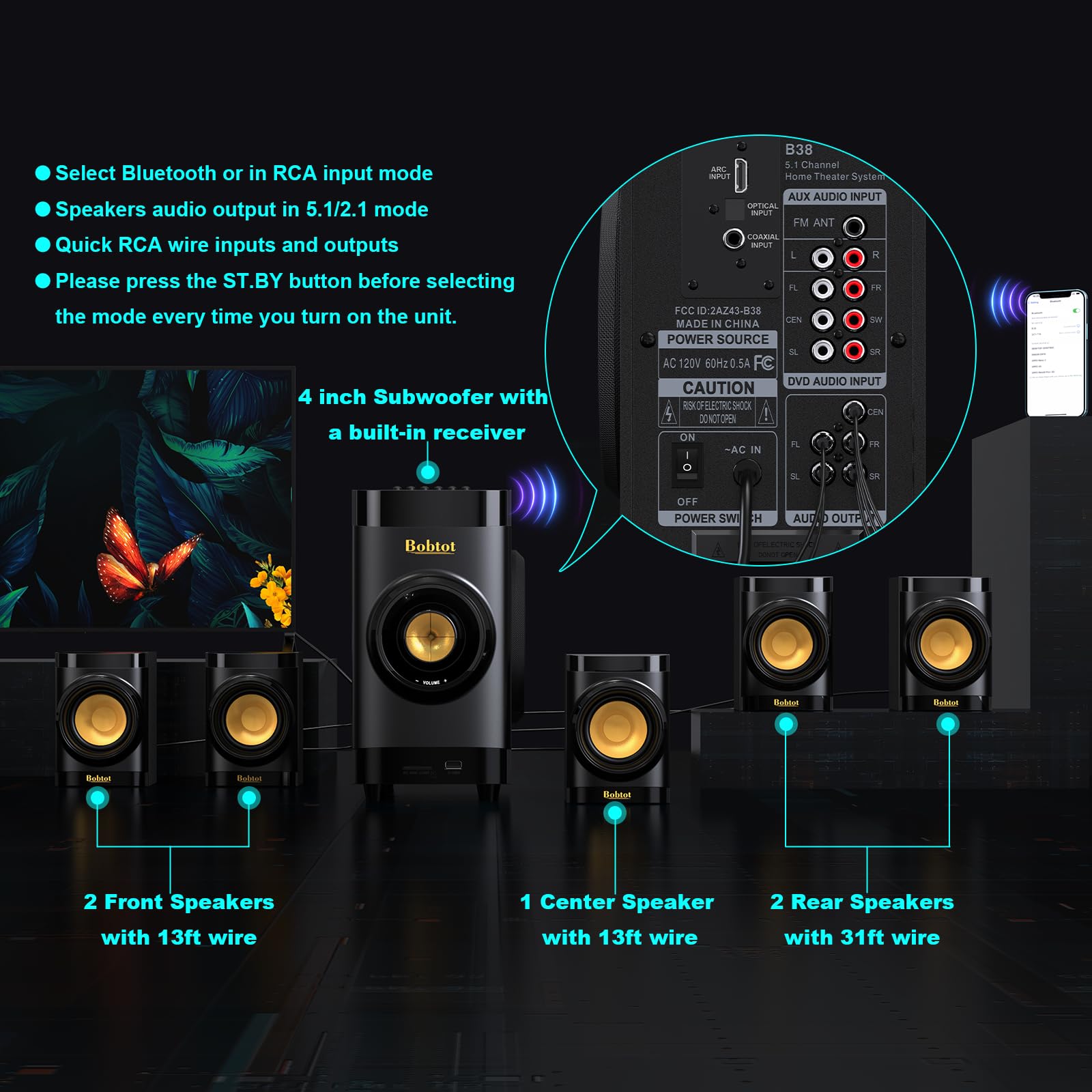 Surround Sound Systems 5.1 Home Theater System Speakers for TV Subwoofer with HDMI ARC Optical Bluetooth Input Stereo Home Audio Wired Speakers System for 4K TV Ultra HD AV DVD FM Radio USB