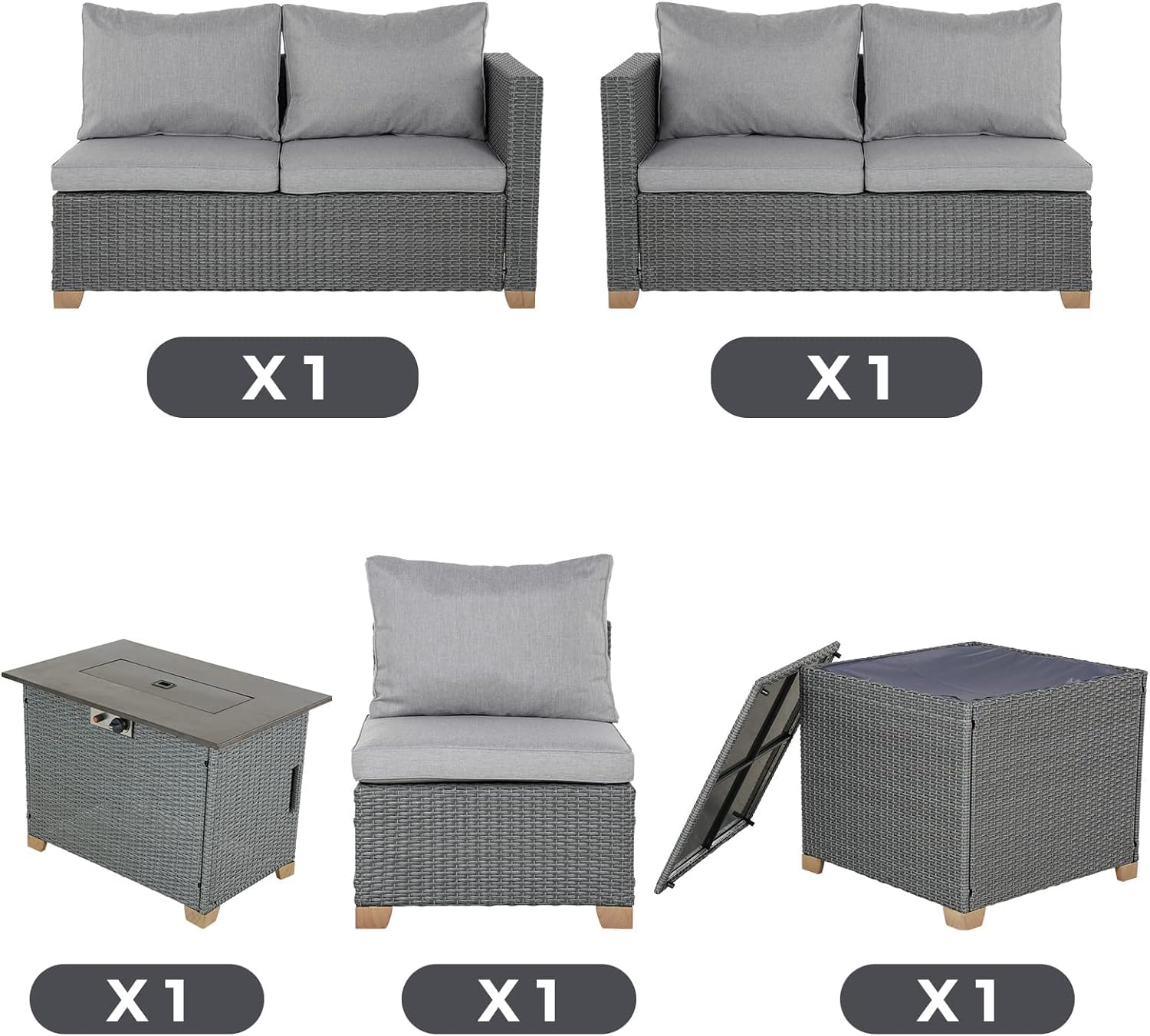 Yangming 7 Piece Patio Furniture Gas Sectional Sofa Sets with Fire Pit Table and Outdoor Storage Box for Backyard Garden Poolside, Gray