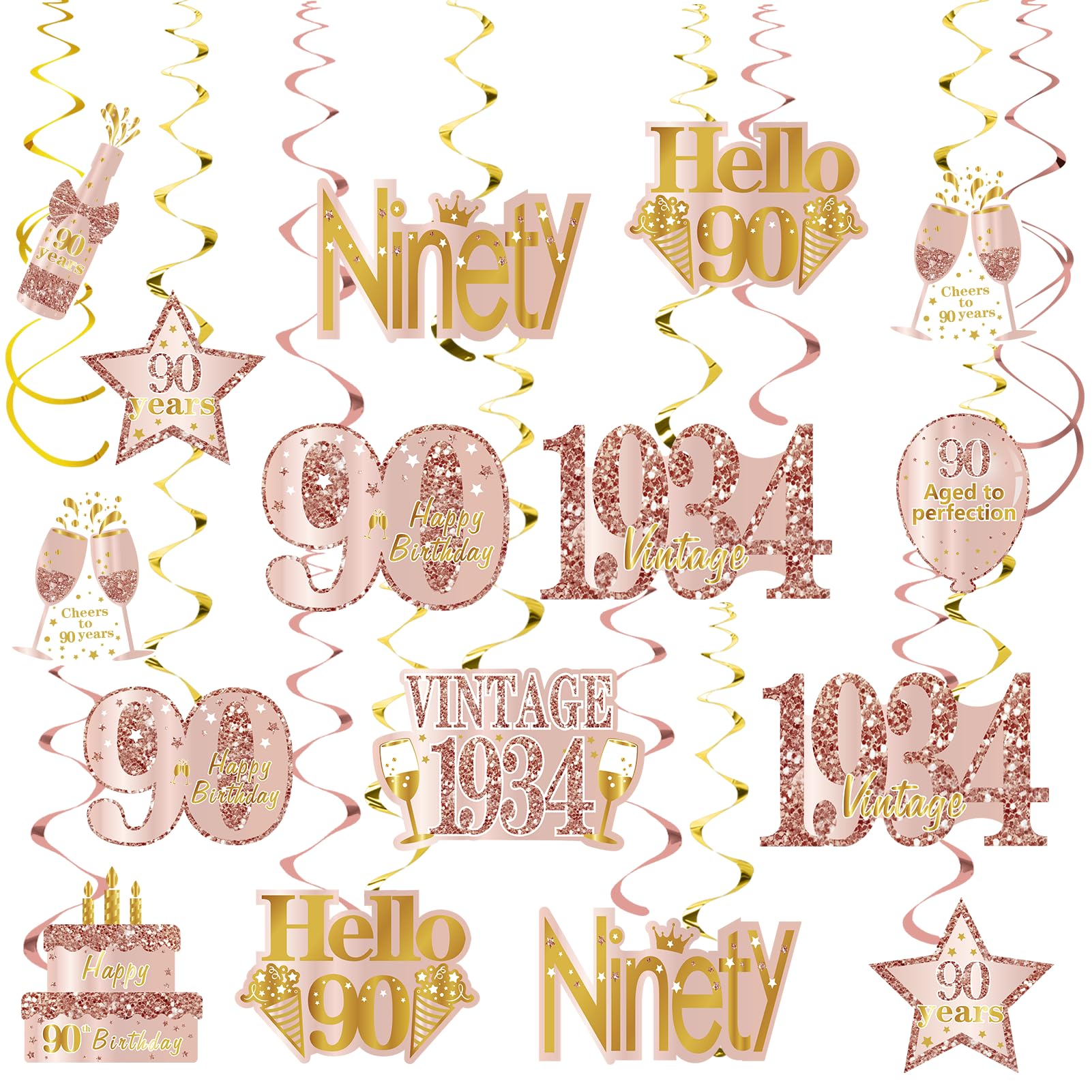 Turypaty Pink Gold 90th Birthday Decorations Hanging Swirls for Women, Rose Gold Happy 90th Birthday Vintage 1934 Foil Swirls Party Supplies, Ninety Year Old Birthday Ceiling Decor