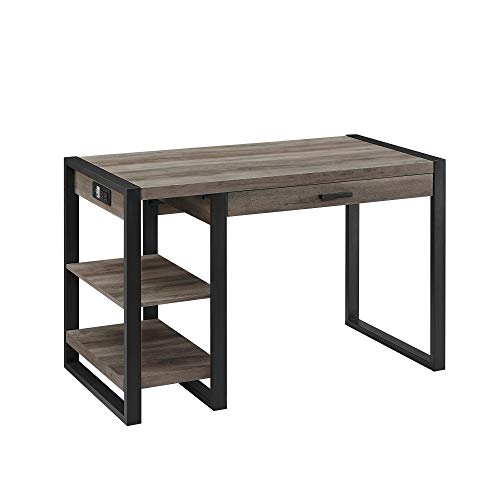 Walker Edison Modern Industrial Computer Gaming Desk Office Storage Shelves and Drawer with Electrical Outlet Home Office, 48 Inch, Grey Wash