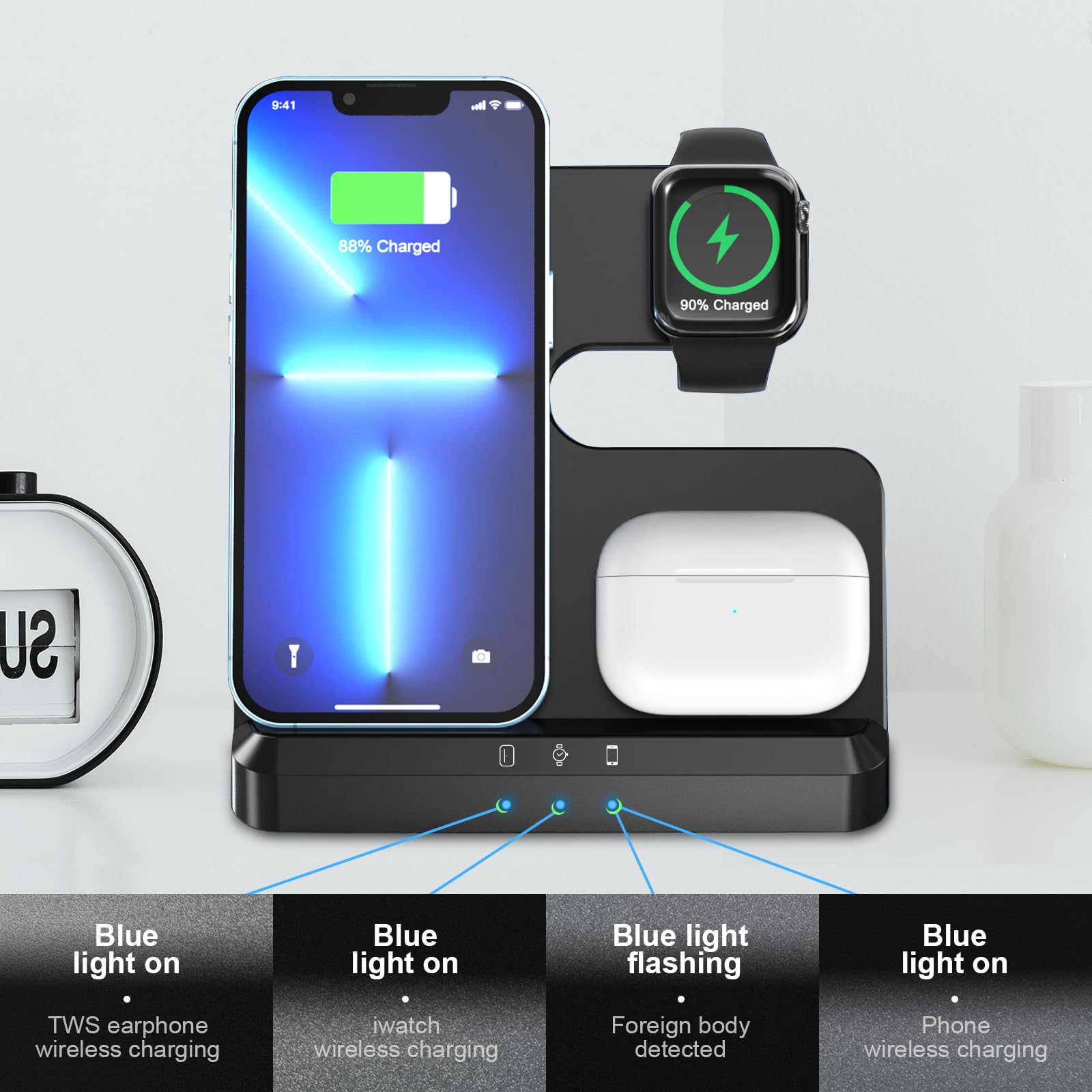 Wireless Charger for iPhone, 3 in 1 Wireless Charging Station for iPhone 15 14 13 12 11 Pro Max/X/8, Apple Watch Series 9 8 Ultra 7 6 SE 5 4 3,AirPods Pro 2 Black