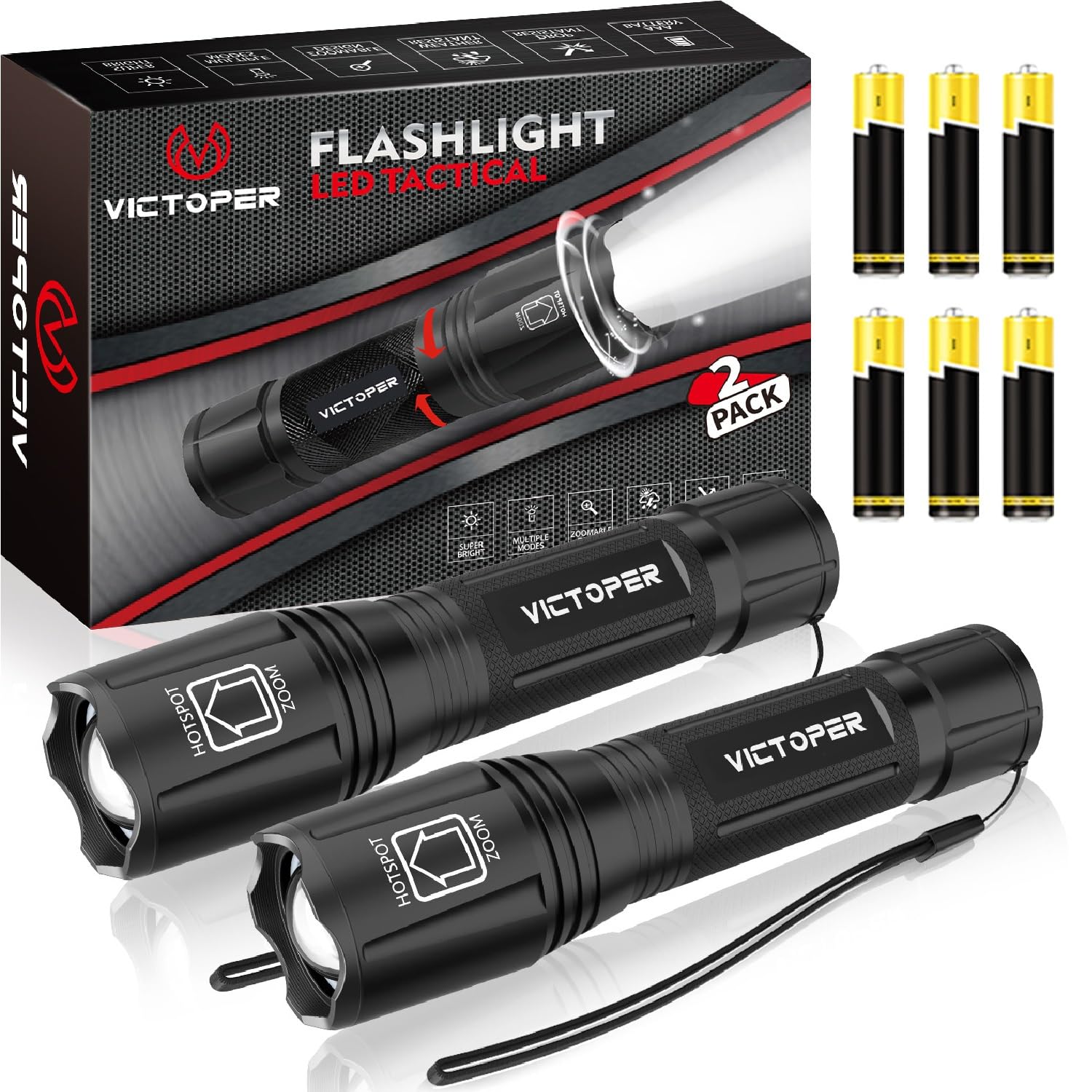 Victoper New Flashlight 2 Pack, 2000 Lumen 5 Modes Tactical LED Flash Light, High Lumens Bright Waterproof Flashlights, Zoomable Flash Lights for Camping Emergencies Outdoor Home, Gift for Dad & Men