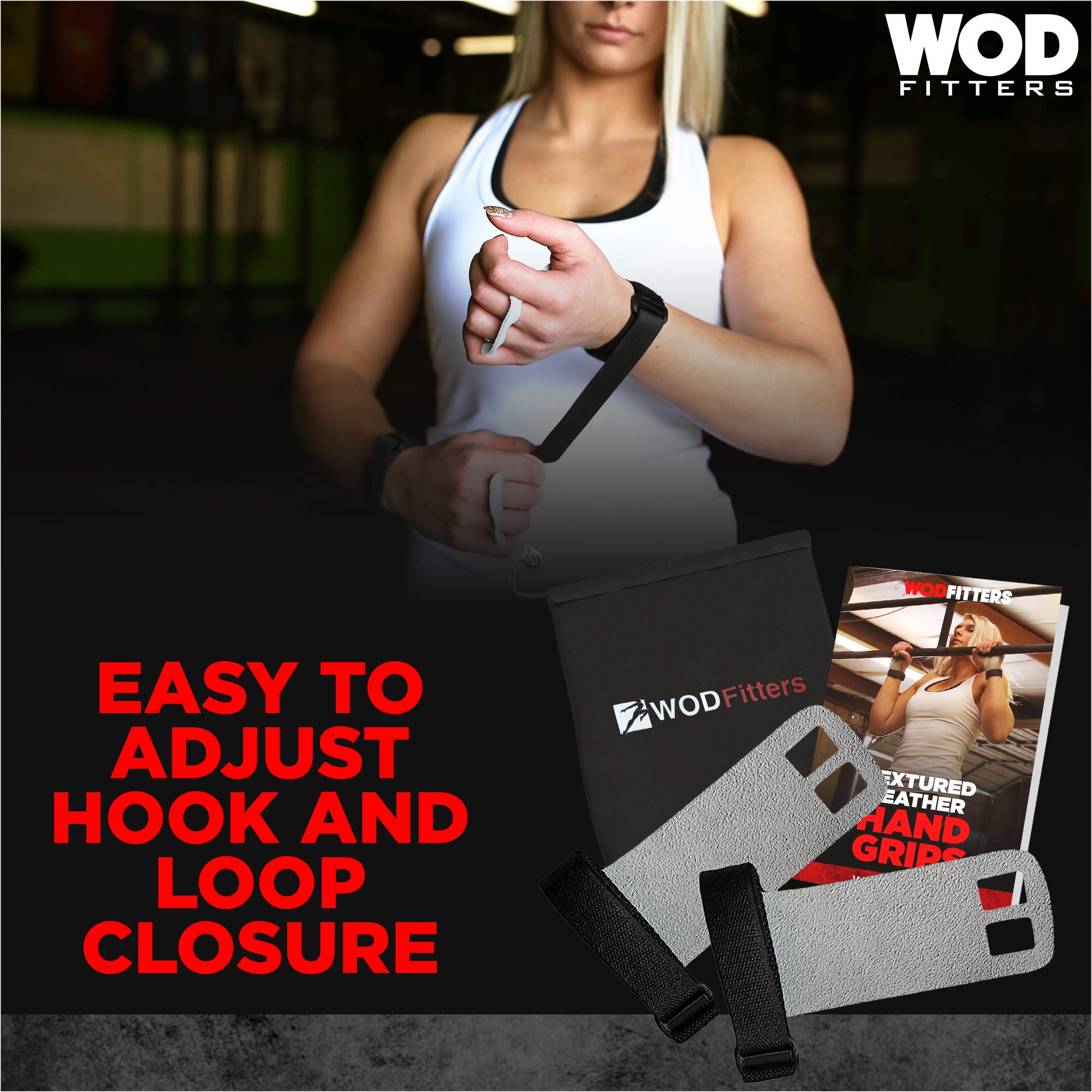 WODFitters Textured Leather Hand Grips for Cross Training, Kettlebells, Powerlifting, Chin Ups, Pull Ups, WODs & Gymnastics – with Grips Storage Pouch, Extra Small