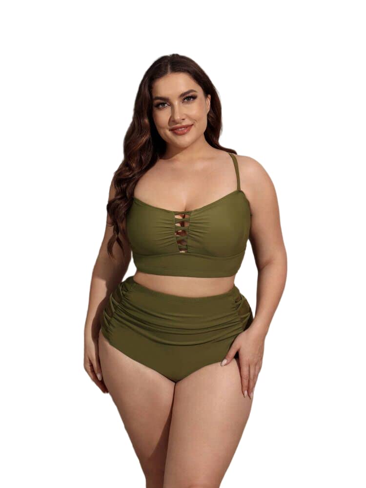 Yomoko Women's Plus Size High Waist Bandage Bikini Sets Chic Swimsuit Retro Bathing Suit L ArmyGreen