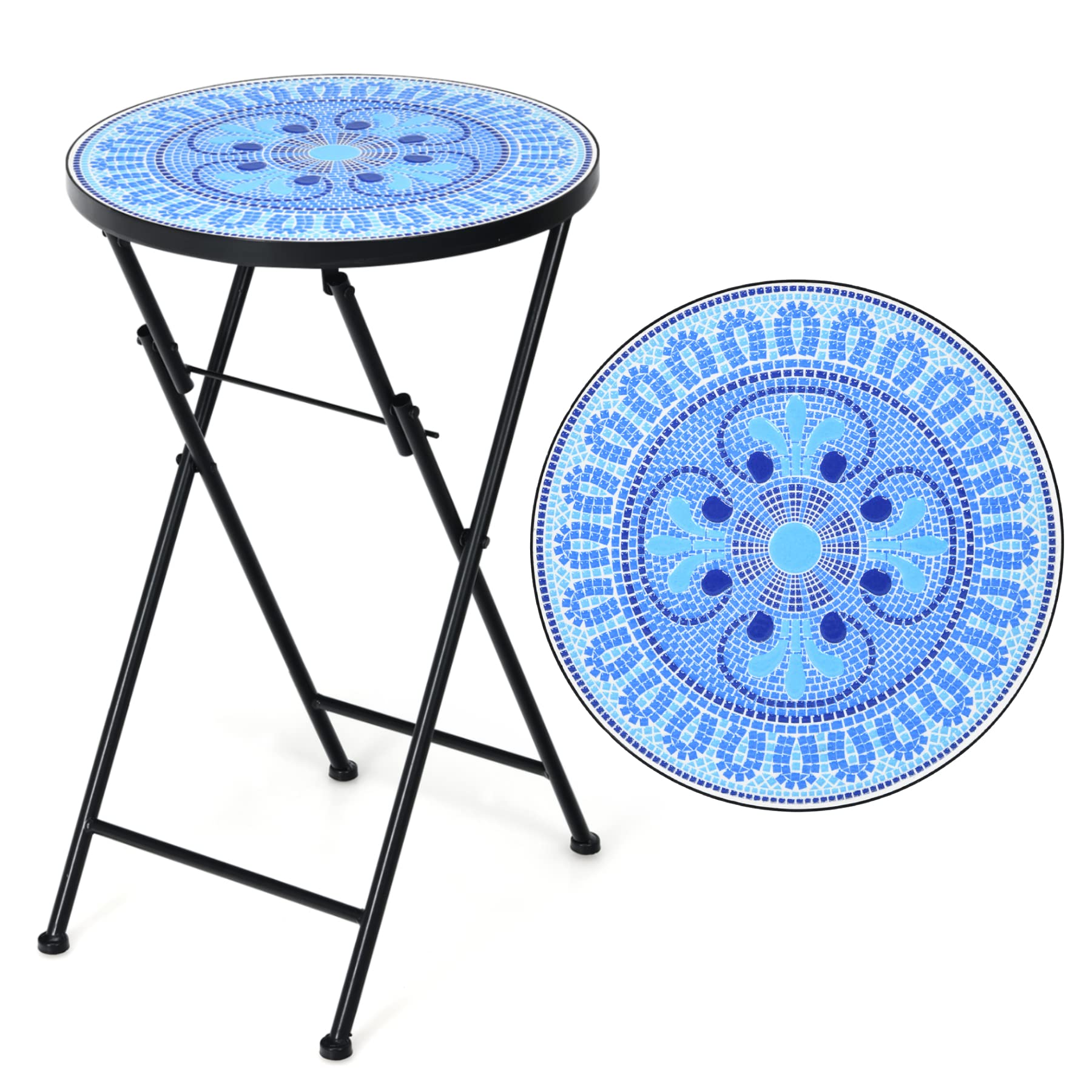 Tangkula 22”H Mosaic Plant Stand, Folding Outdoor Side Table, Round Patio End Table, 14” Ceramic Tile Top Metal Frame, Small Bistro Coffee Table, Outdoor Indoor Accent Table for Porch Garden Balcony