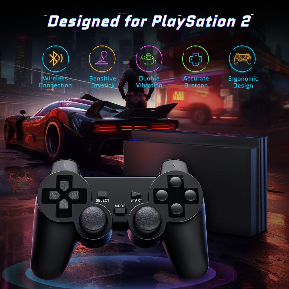 Wireless Controller for PS2 2.4G, Double Shock Vibration Twin Shock Gamepad for Playstation 2 (2 Pack Black)