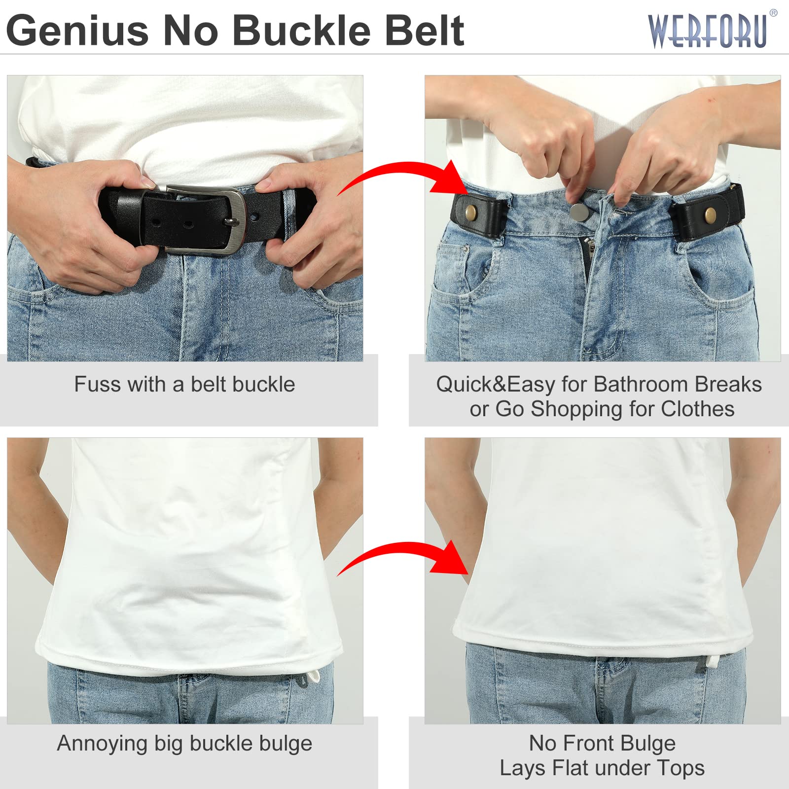 WERFORU No Buckle Stretch Belt For Women Men Elastic Waist Belt Up to 72 Inch for Jeans Pants