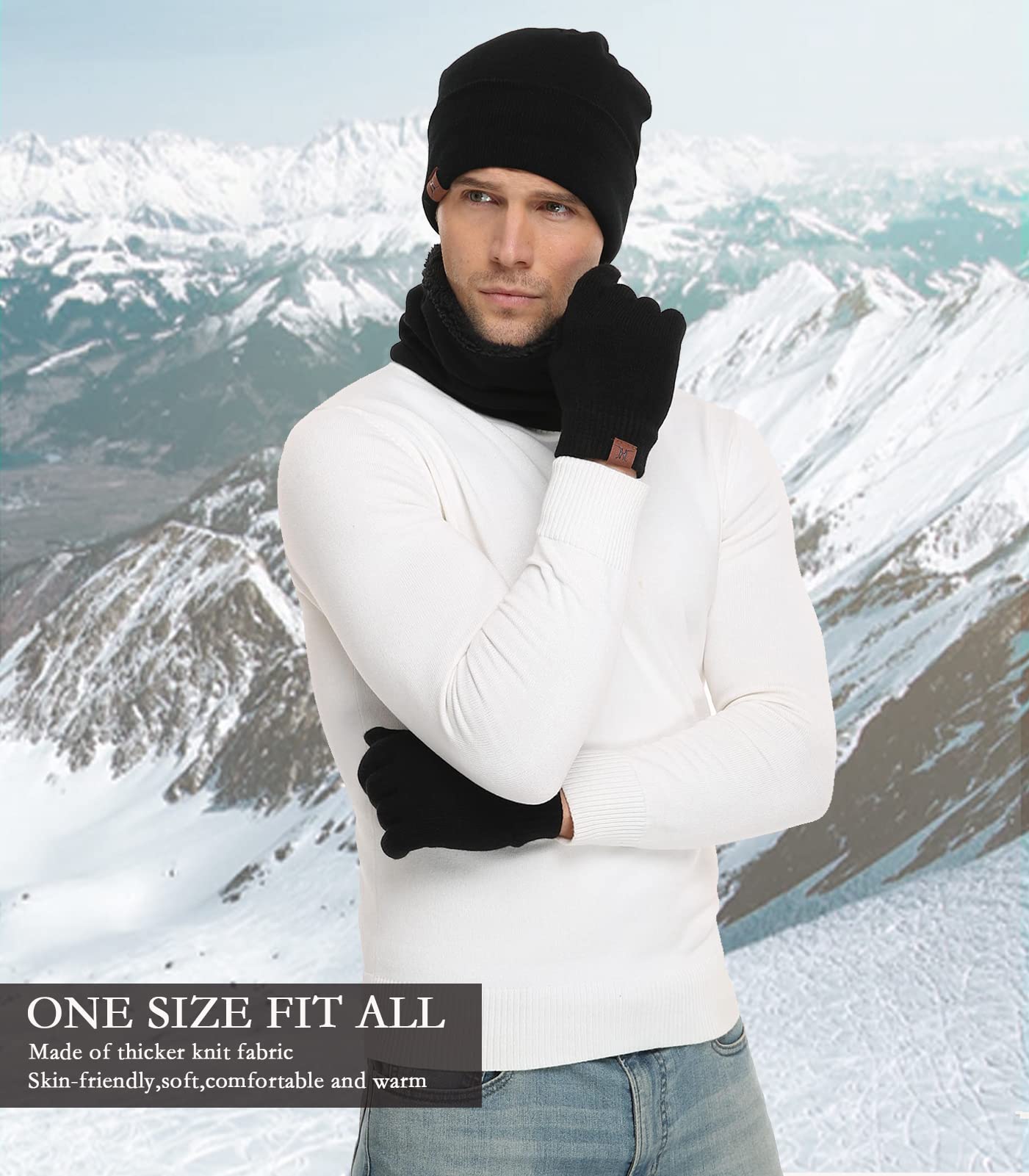 Winter Men Beanie Hat, Scarf, Touch Screen Gloves, 3 Pieces Winter Warm Clothing Set For Men, Black, One Size