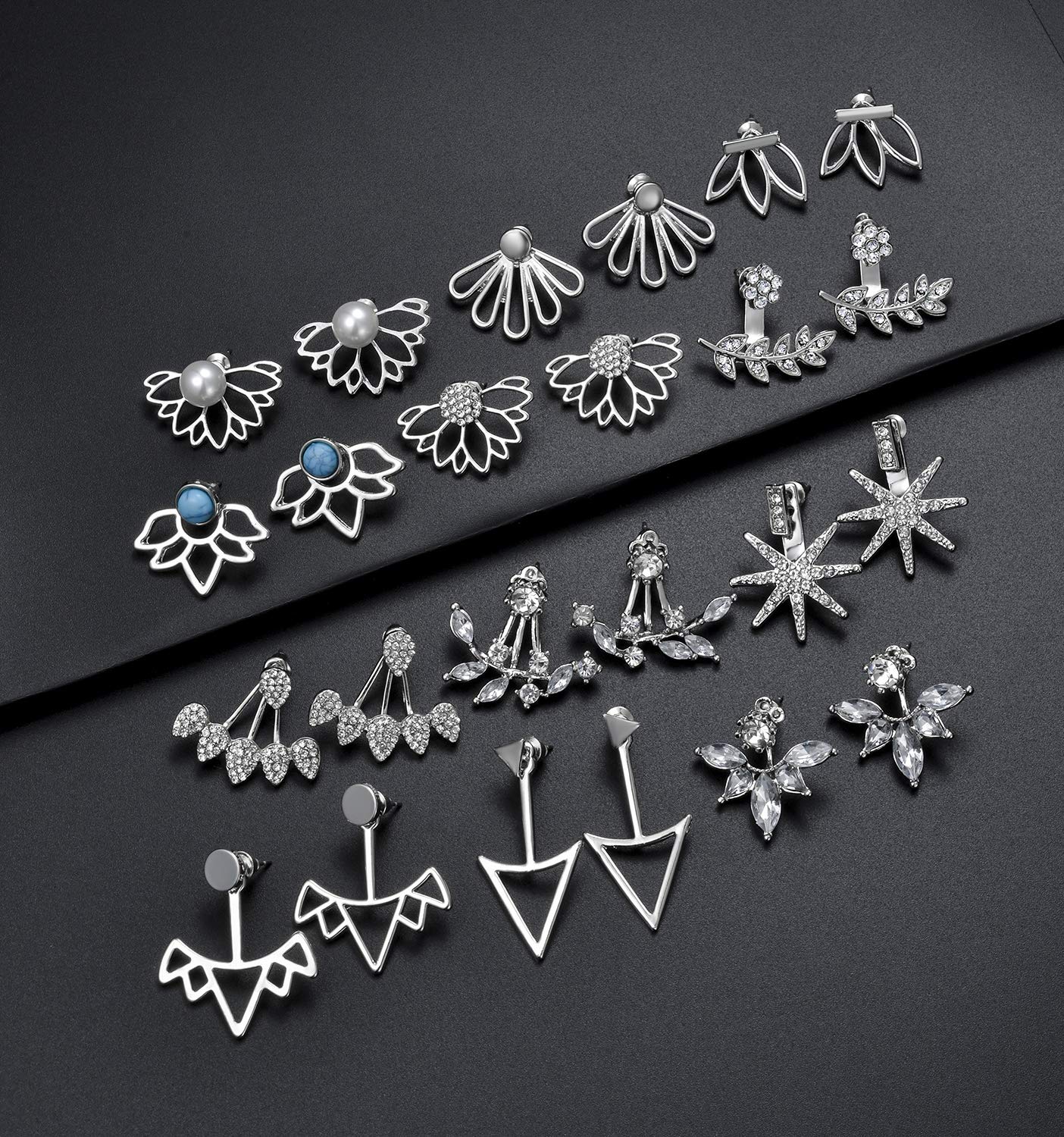 Tornito 12 Pairs Lotus Flower Earring Studs Chic CZ Earrings Jackets For Wome Silver Tone