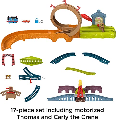 Thomas & Friends Toy Train Set Loop & Launch Maintenance Yard with Thomas Motorized Engine & Carly the Crane for Preschool Kids Ages 3+ Years