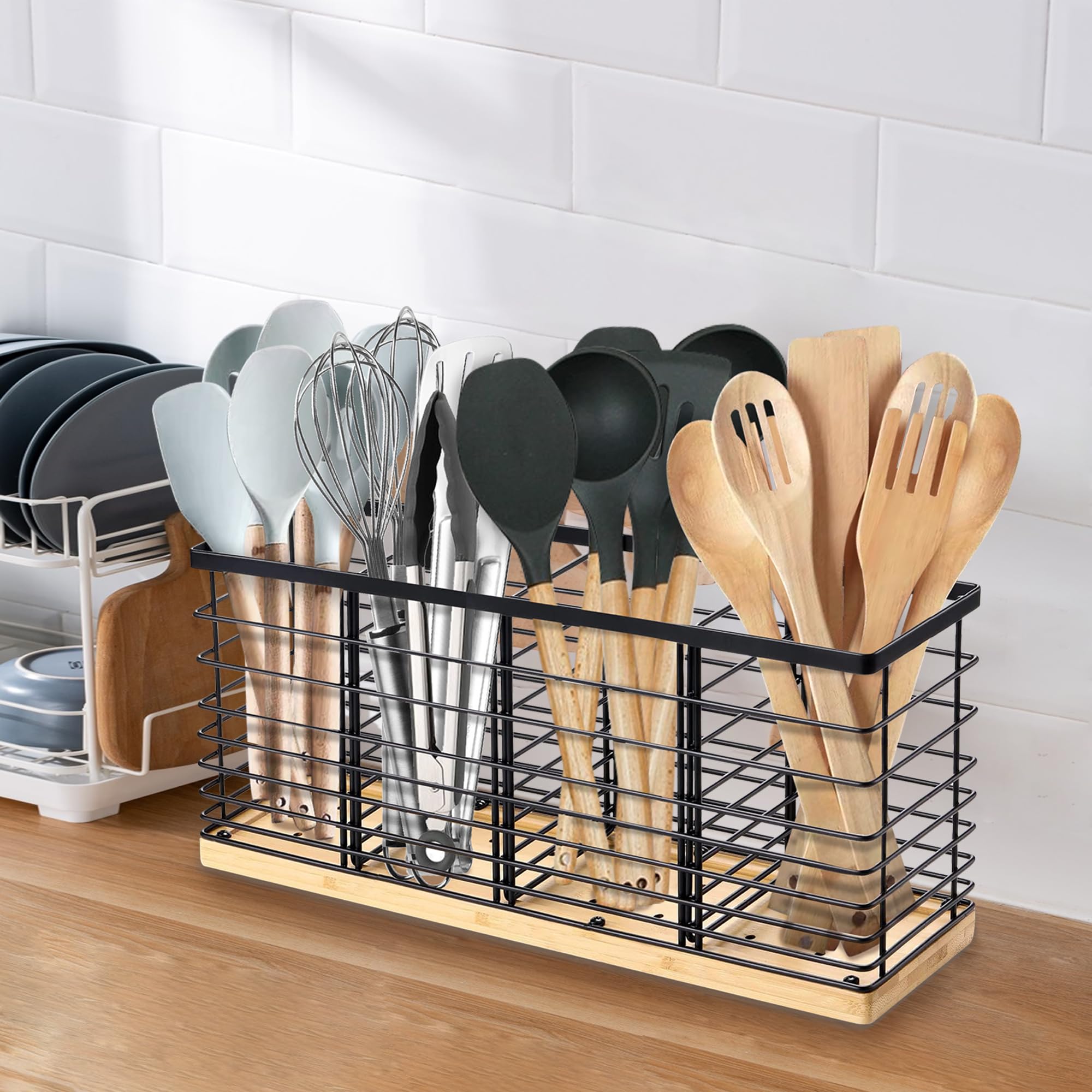 Suli Extra Large Kitchen Utensil Holder with 4 Compartments,Matte Black Metal holder with Wooden Base for Kitchen Countertop,Farmhouse Cooking Utensil Storage, Rustic Cooking Utensil