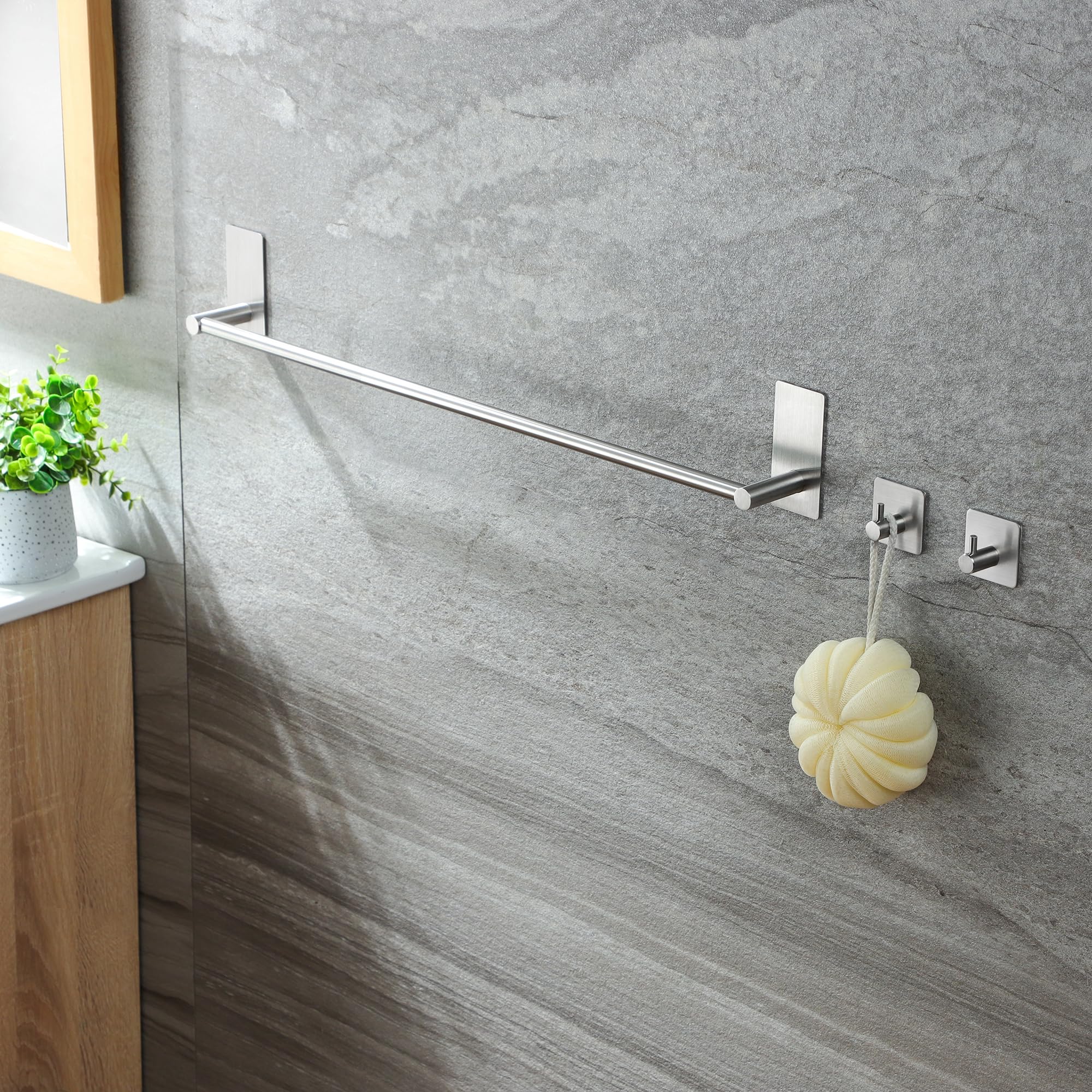 Taozun Towel Bar - 24 Inch Towel Holder with 2 Packs Adhesive Hooks, Hand Towel Rack Stick on Wall, Stainless Steel Bathroom Hardware Accessory Kit