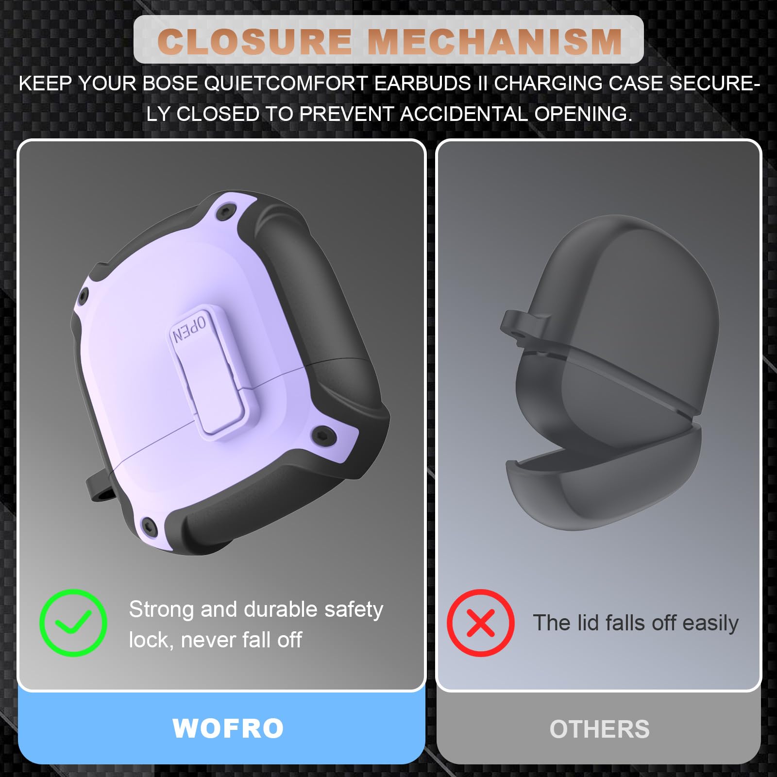Secure Lock Bose QuietComfort Earbuds II Case(2022)&Bose QuietComfort Ultra Case(2023),WOFRO Full-Body Shockproof Protective Bose Earbuds 2 Case Cover Hard Accessories with Carabiner&Lanyard(Purple)