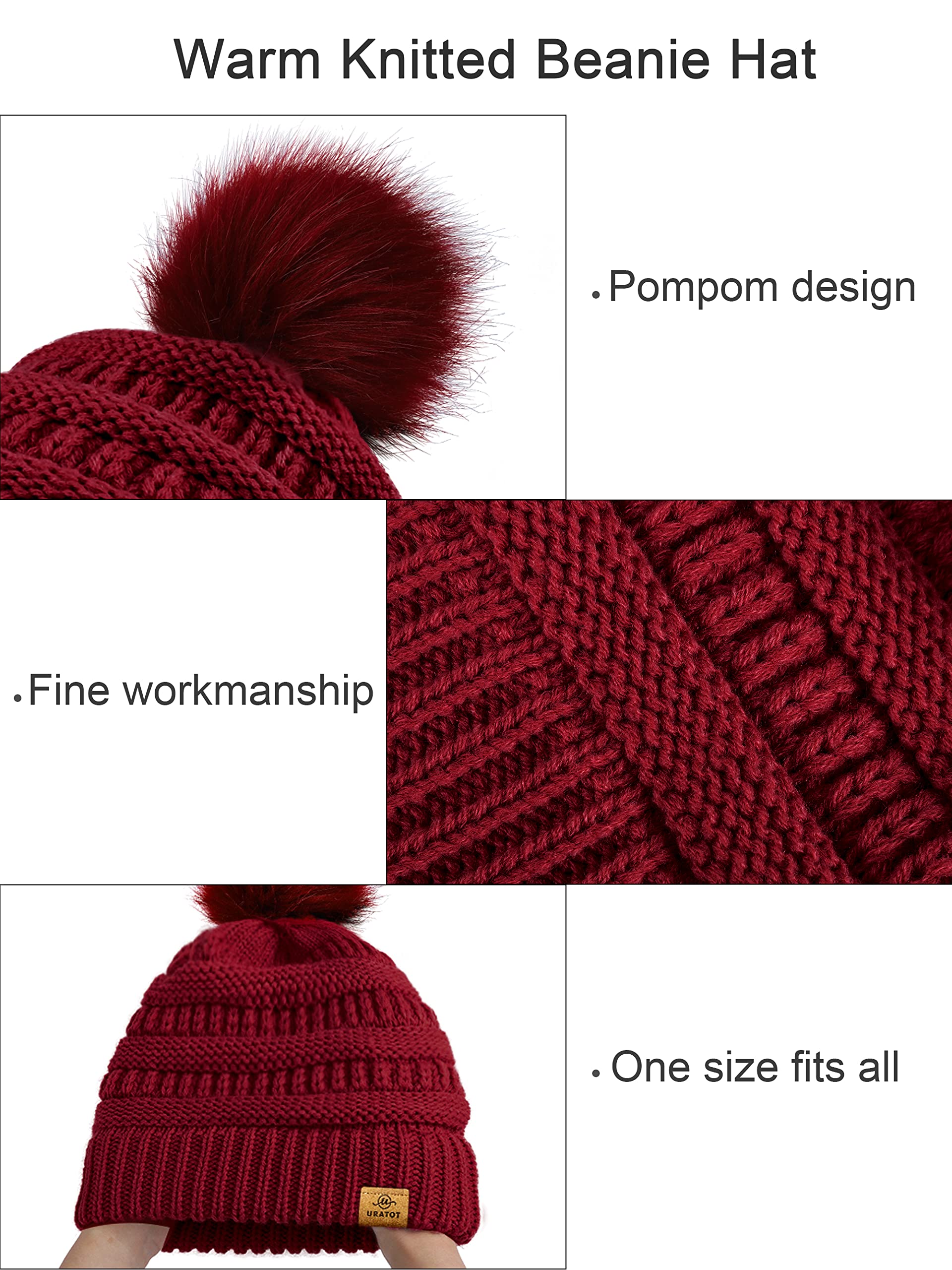 URATOT Beanie Hat Scarf Gloves 4 in 1 Winter Set Knitted Scarf Hat Touch Screen Gloves and Winter Ear Warmer for Unisex