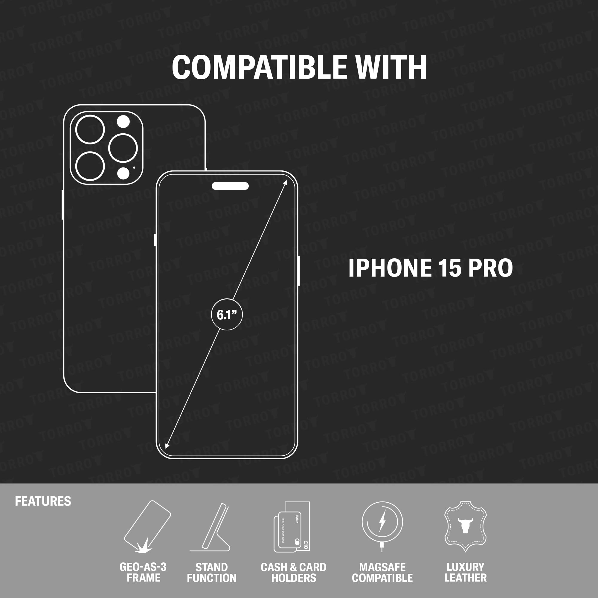 TORRO Premium Leather Case Compatible with iPhone 15 Pro 6.1" β Genuine Leather Wallet Flip Folio Case with Kickstand and Card Slots (Compatible with Official MagSafe Chargers) - Black