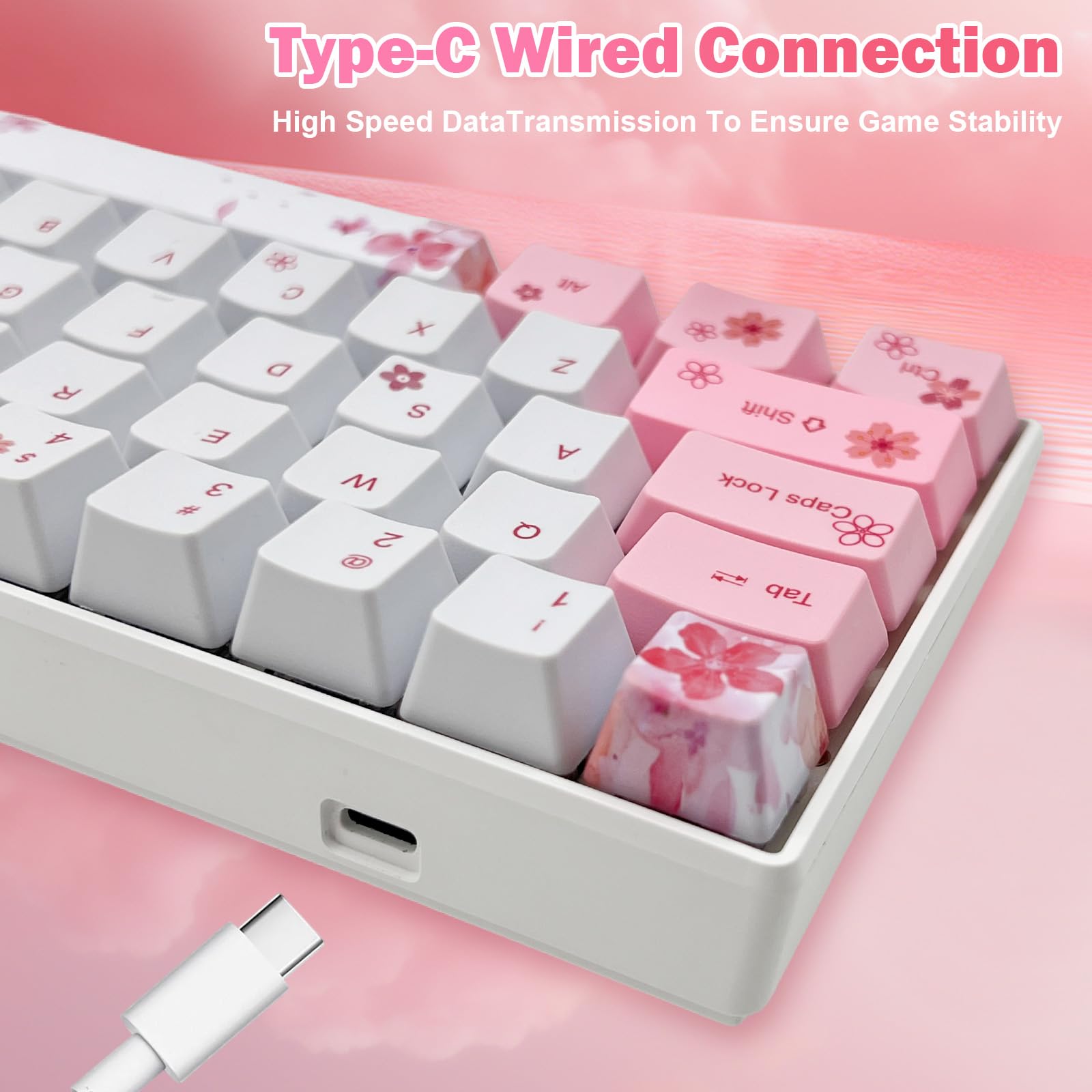 ZMX Cherry Blossom Pink Mechanical Gaming Wired Keyboard,61 Keys Mini OUTEMU (Gaote) Hot Swappable Heat Sublimated PBT Type-C Ergonomic Design Gaming Keyboard for Windows/Mac/Android (Black Switch)