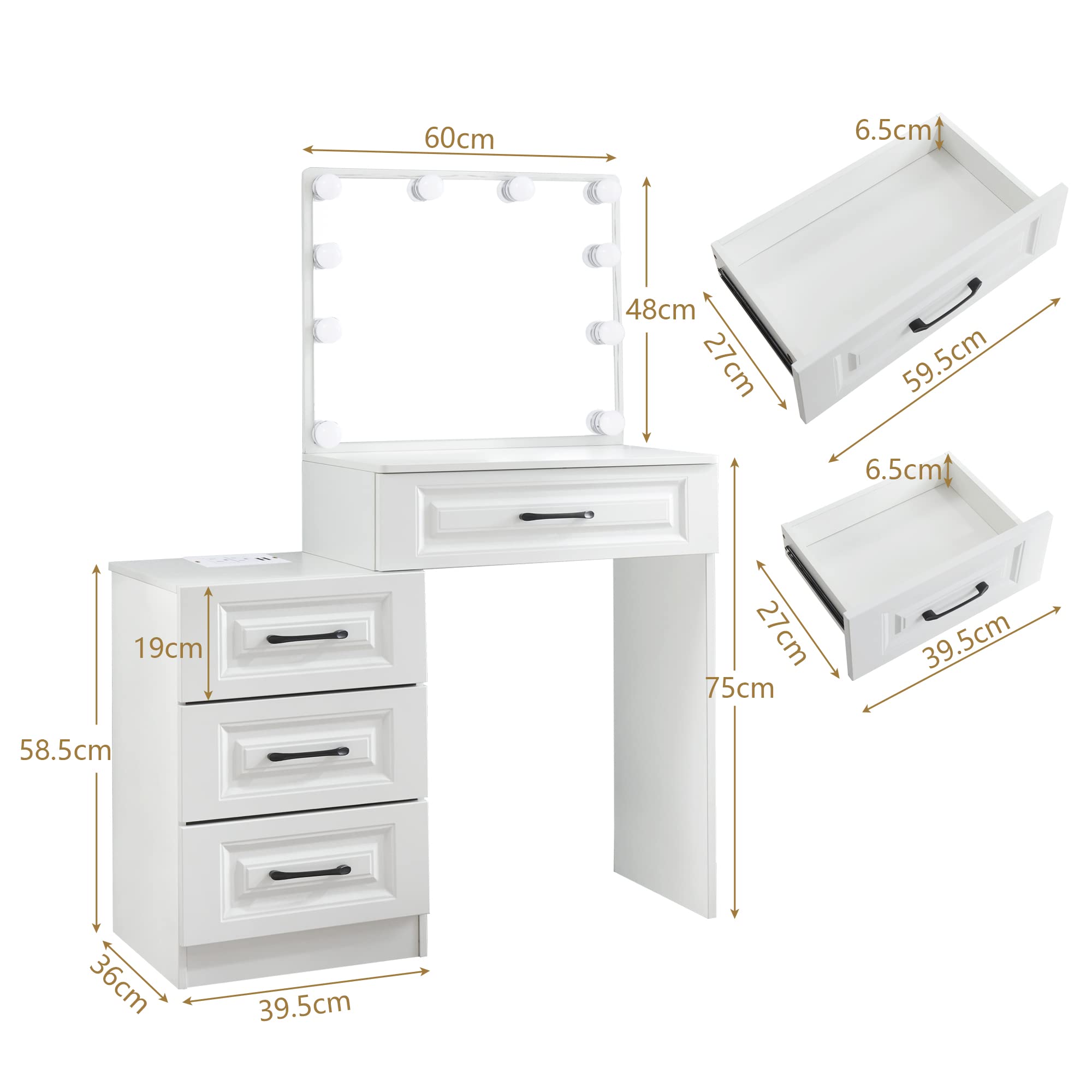 Vanity Desk with Charging Station and Lighted Mirror, White Vanity Desk Dressing Table with Storage Shelves and Drawers for Bedroom, Dressing Room