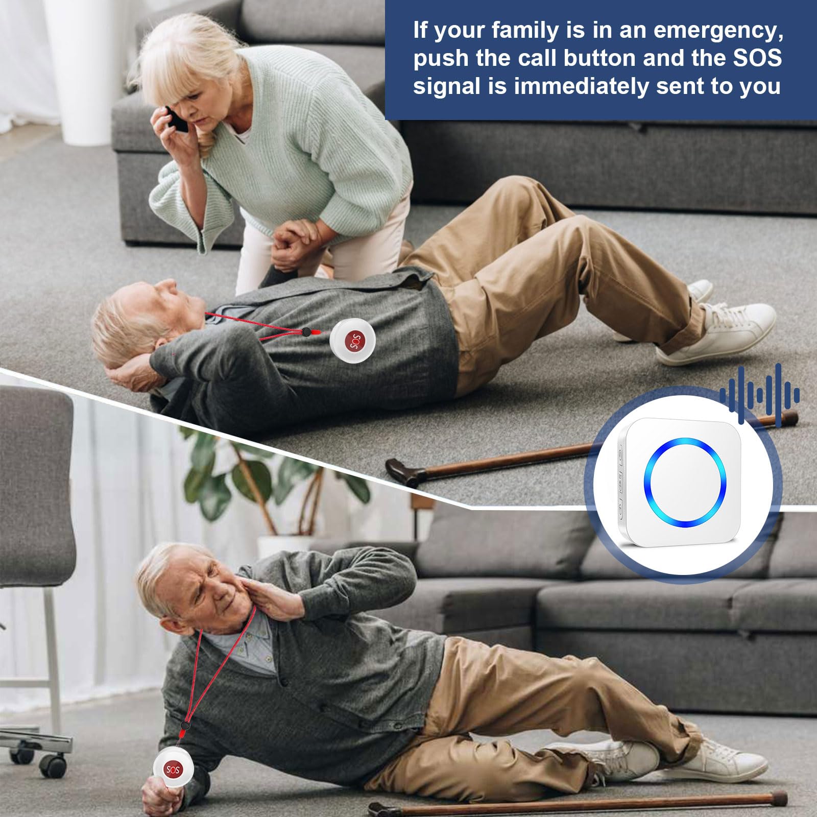 Wireless Caregiver Pager Call Button Nurse Alert Syste Emergency Call Bell for Elderly Seniors Panic Alarm Button with 55 Melodies 5 Adjust Volume Levels (1 Call Button + 2 Receivers)