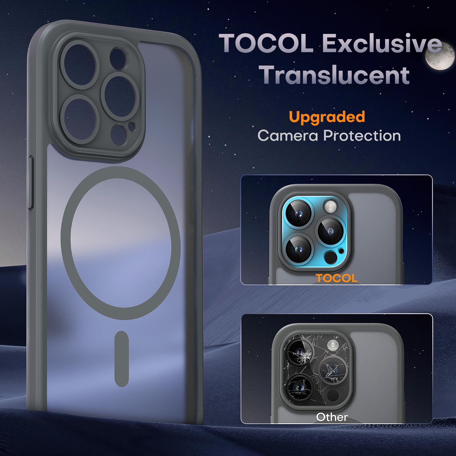 TOCOL 3 in 1 Magnetic for iPhone 15 Pro Case, Upgraded [Full Camera Protection] Fit for MagSafe [Military Grade Drop Tested] Translucent Matte Back Phone Bumper 6.1", Gray