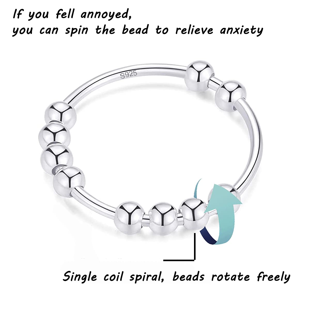 ZogCowy 925 Sterling Silver Anxiety Ring for Women Men Anti Anxiety Fidget Spinner Rings with Beads Stress Relief Spinning Ring