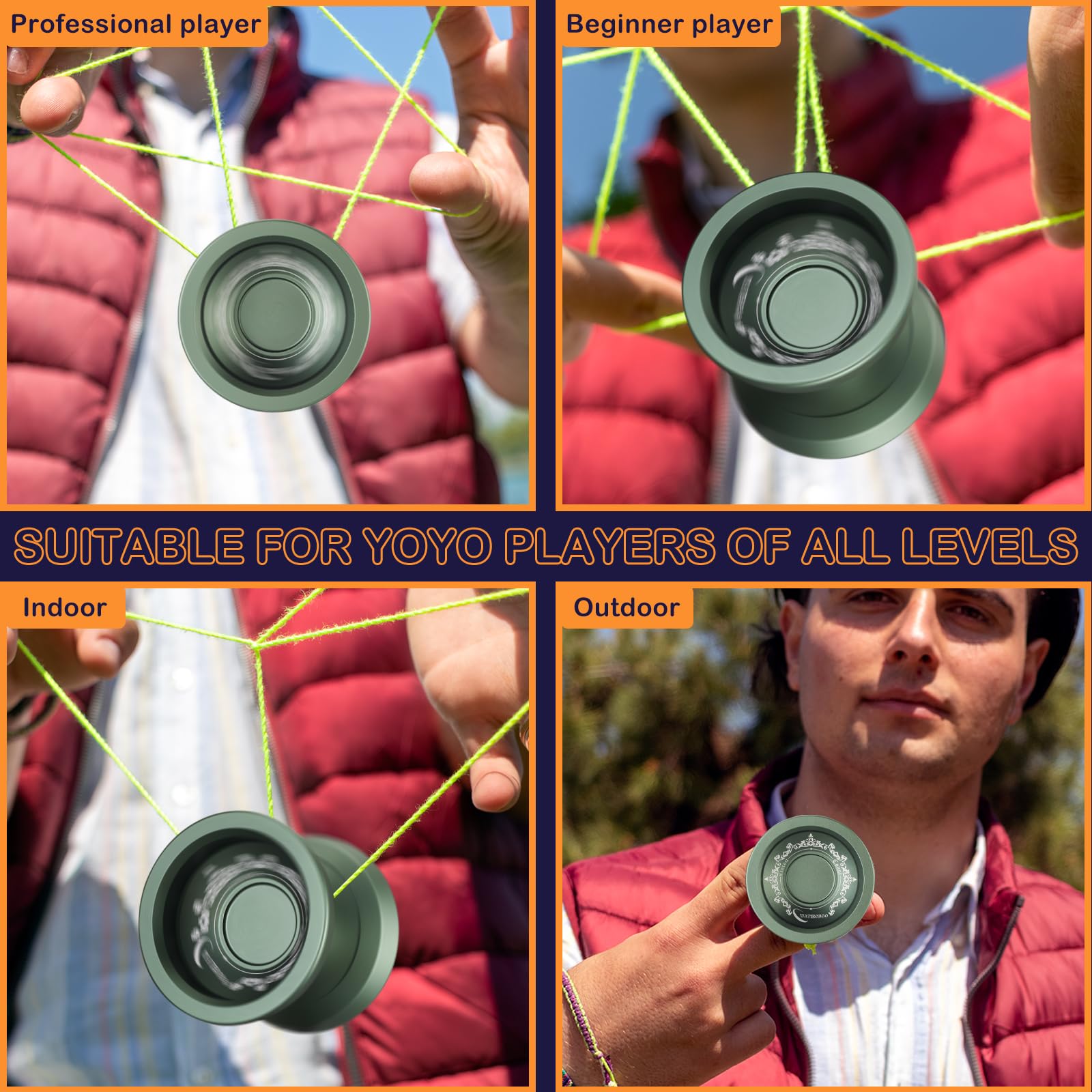 WATIEOBOO Yoyo Professional, Metal Unresponsive Yoyo for Kids Beginners, Adults Intermediate-Advanced Players with Glove and 10 Replacement Yoyos Strings(N Army Green)