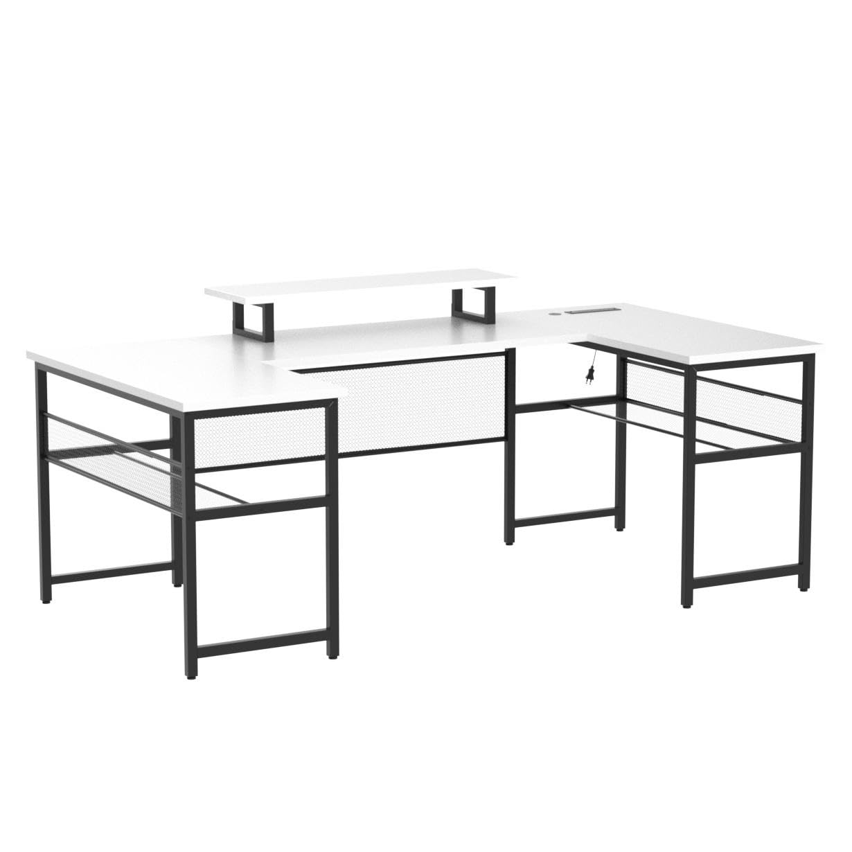 Unikito U Shaped Computer Desk with LED Strip and Power Outlets, Reversible Large Office Desk with Monitor Stand and Storage Shelves, 2 Person L Shaped Gaming Table, 83 Inch U Shape Corner Desk, White