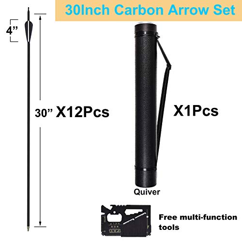 VNAKER Archery 30Inch Carbon Arrow Set with Arrow Quiver for Compound & Recurve Bow, 12 Pcs Arrow and 1Pcs Quiver (Black)