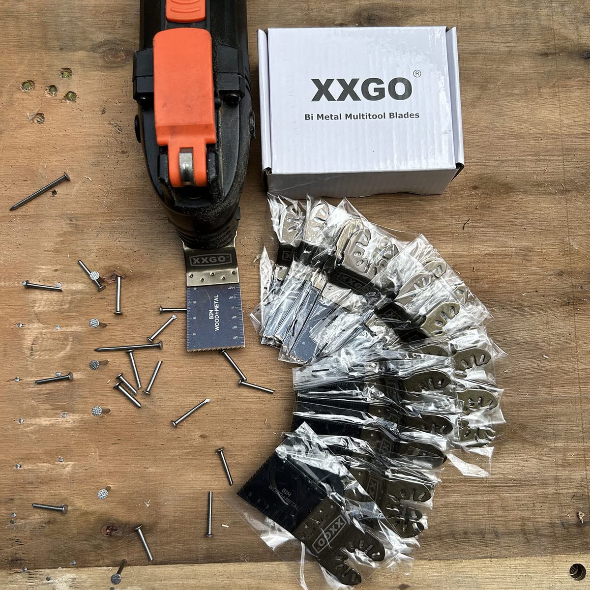 XXGO 20 Pcs Bi Metal Oscillating Tool Blades Compatible with Bosch, Chicago, Craftsman, Dremel, Fein, Harbor Freight, Makita, Milwaukee, Porter Cable, Ridgid, Ryobi, Rockwell XG2020