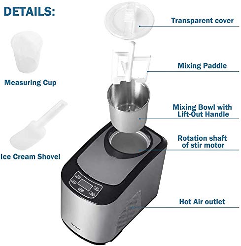 WATOOR Compressor Ice Cream Maker with Ice Cream Scoop, Countdown Timer, LCD Display Screen, A Recipe Booklet, No Pre-freezing, 1.4 Quart, Gray