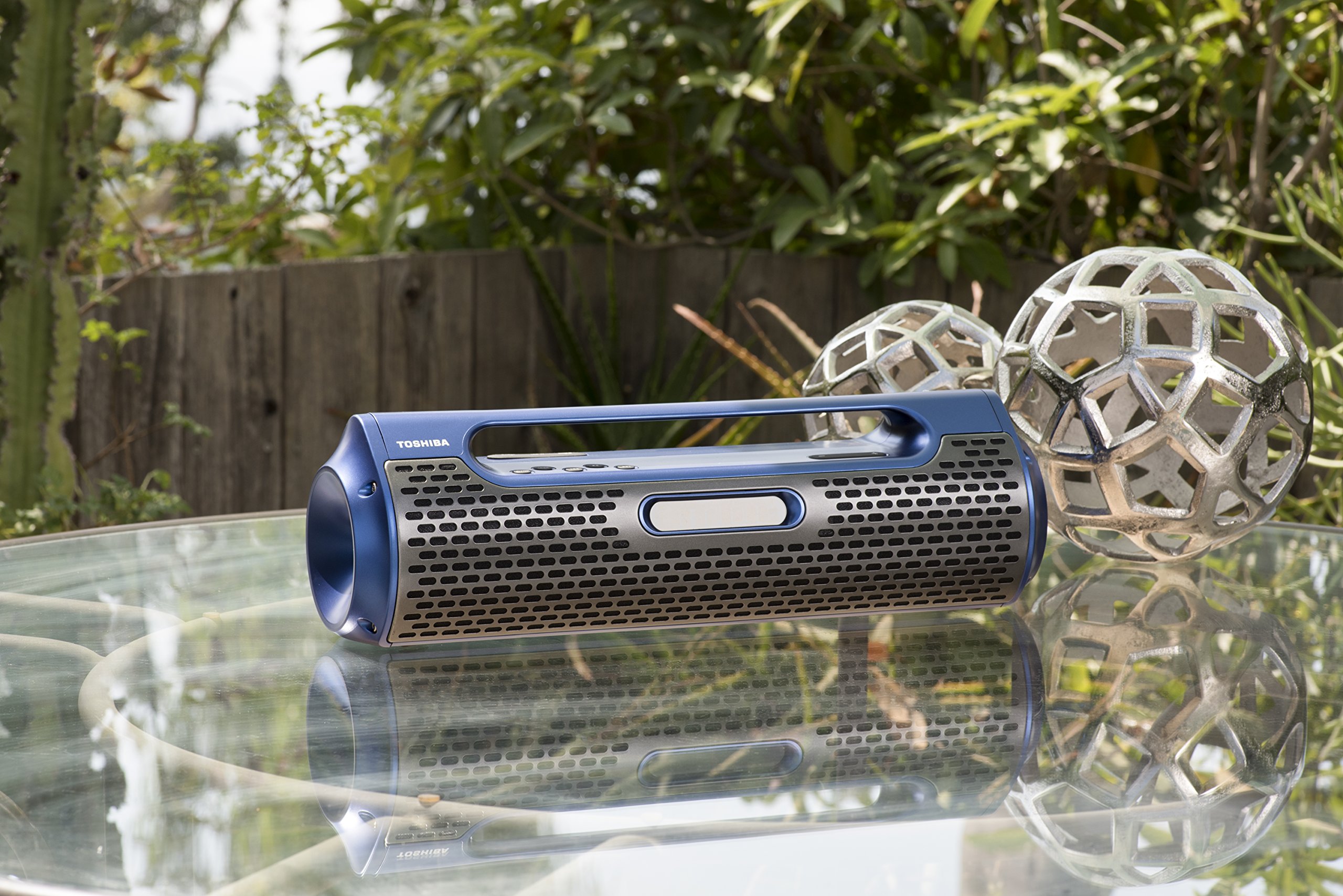 Toshiba Portable Wireless Bluetooth Speaker: Rechargeable Boombox with FM Radio and Clock - Blue