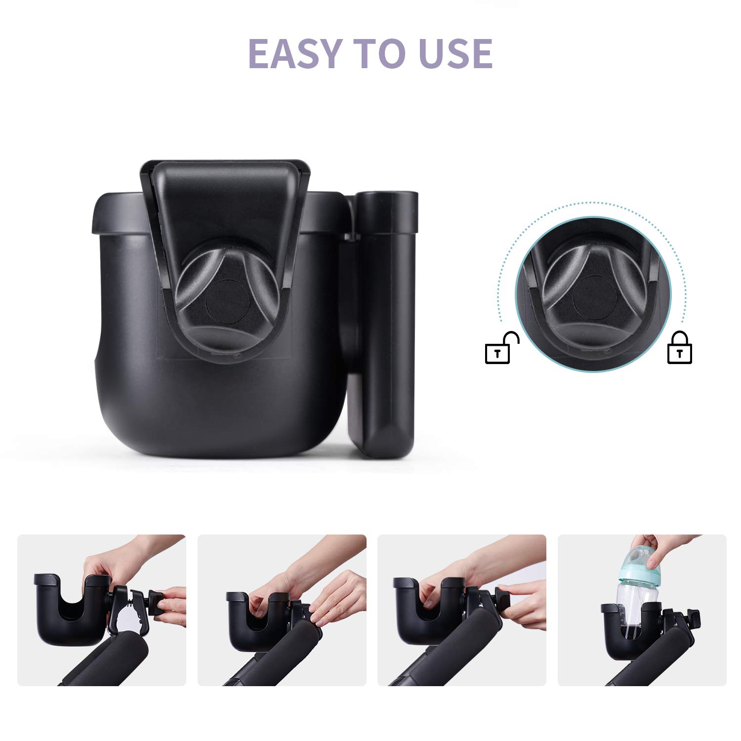 SUNVENO Stroller Universal Cup Holder, 360 Degrees Rotation 2 in 1 Large Bottle Holder with Phone Holder for Stroller, Pushchair,Wheelchair, Walker, Black