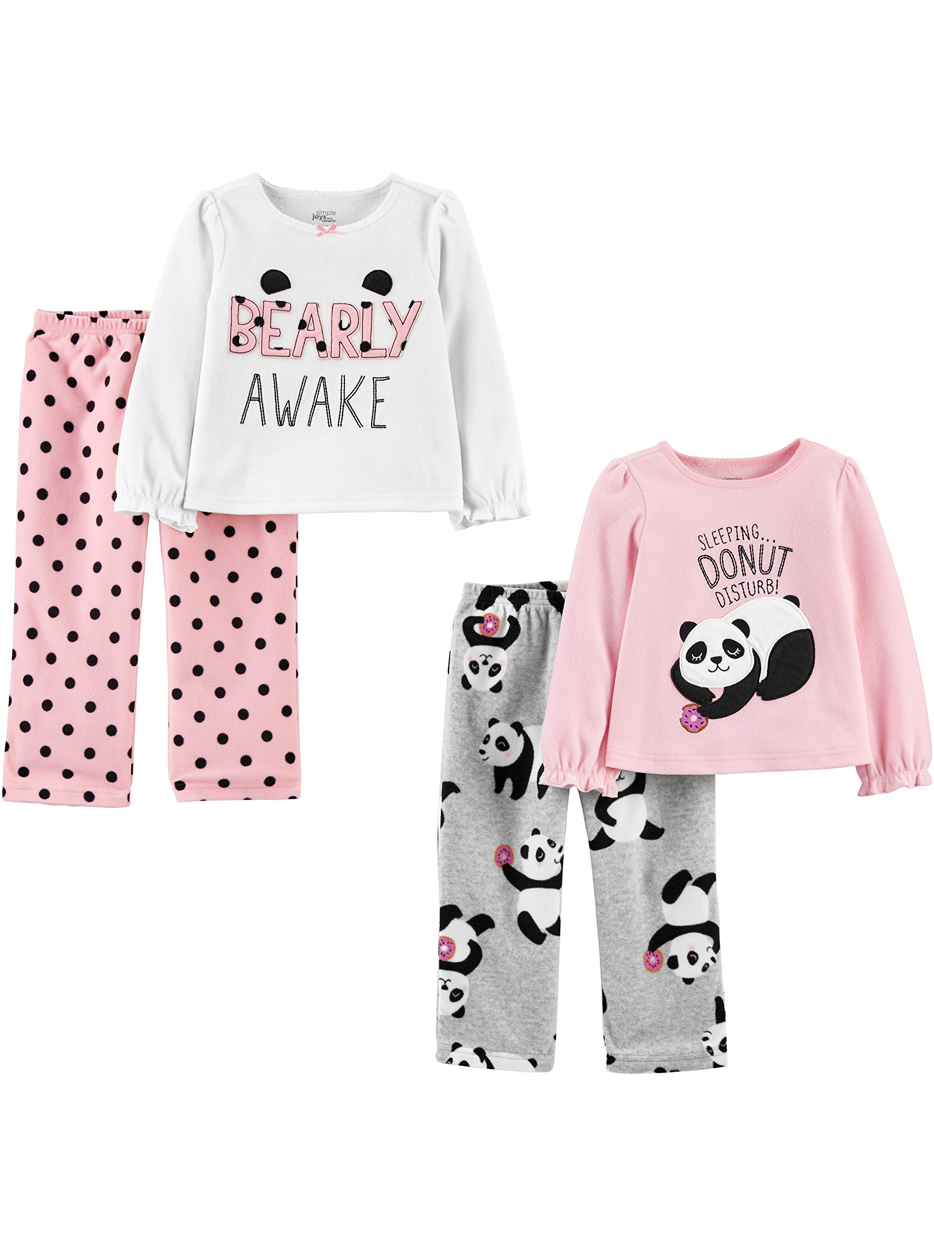 Simple Joys by Carter's Girls' 4-Piece Pajama Set (Cotton Top & Fleece Bottom), Grey Panda/Pink Donut/White Text Print/Dots, 3T