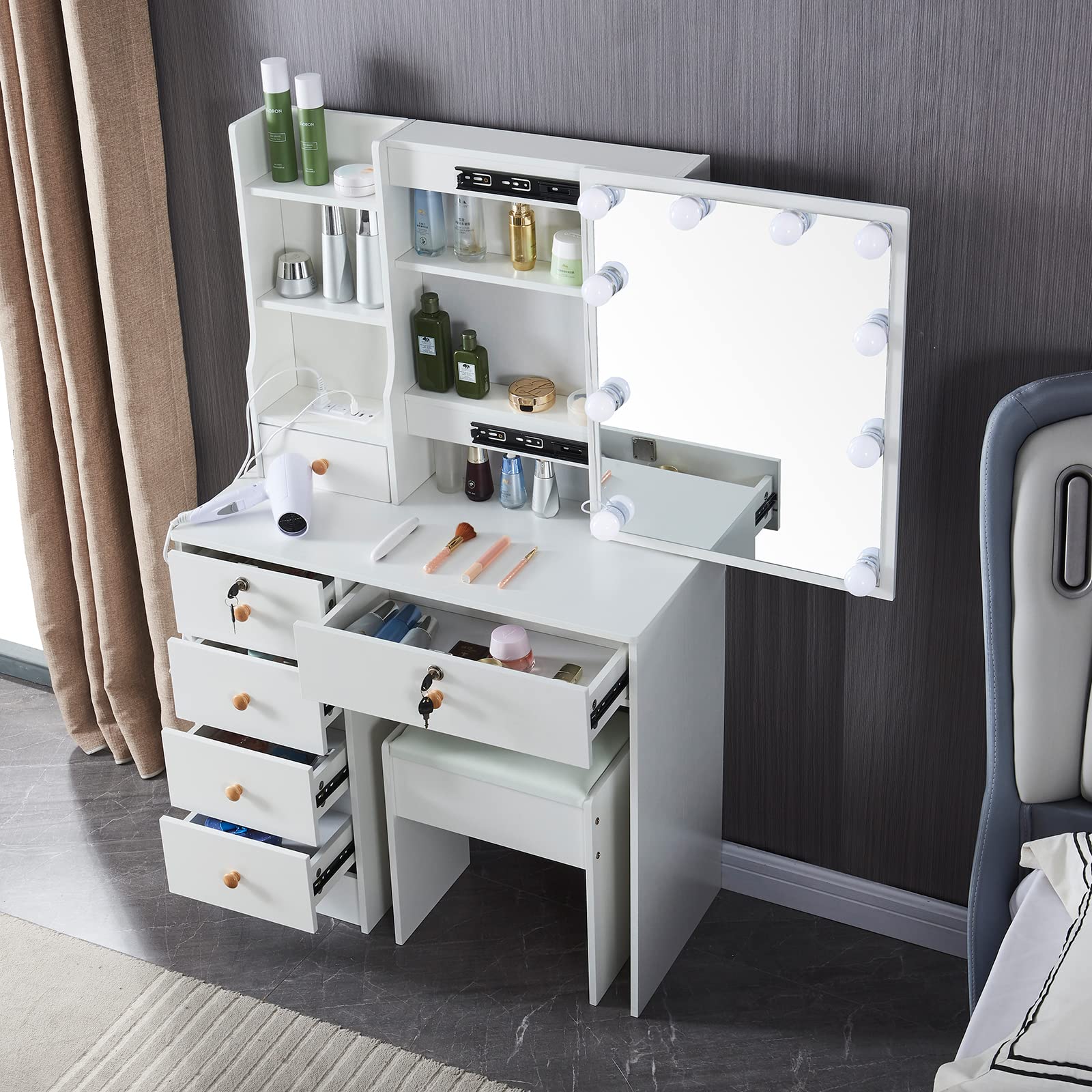 White Makeup Vanity Desk with 10 Light Bulbs, Vanity Desk with Mirror and 3 Lighting Modes, 6 Drawers and Shelves for Bedroom, Dressing Room