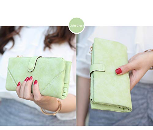 Women Vegan Leather Wallet Bifold Clutch Large Capacity Card Organizer Buckle Long Purse for Girls Candy Color (Light Green) …
