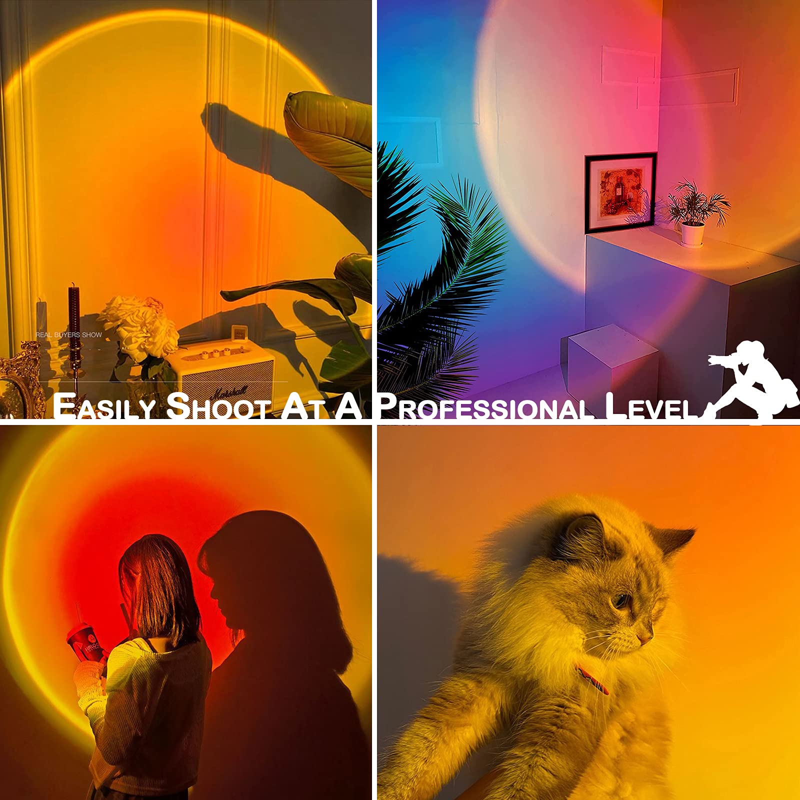 Sunset Lamp Projection, Sunset Light Projector, 16 Colors Changing Night light Romantic Ambient Light, For Youtuber Video Vlog Photography Selfie, 360° Rainbow Ring Light for Home Bedroom Studio Decor
