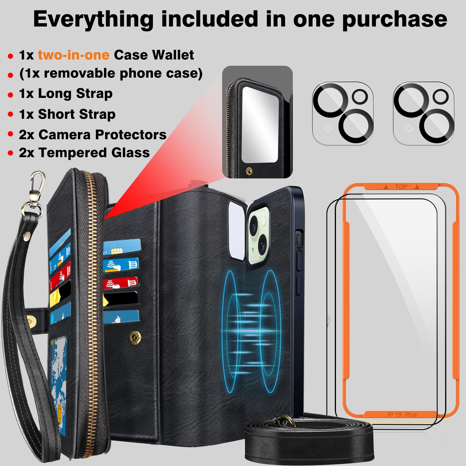 SiHPuoy Leather for Apple iPhone 15 Plus Wallet Case with Card Holder Kickstand, Phone Accessories for Woman Men Women, 2 Pack Screen Protector 2 Pack Camera Lens Cover, Black