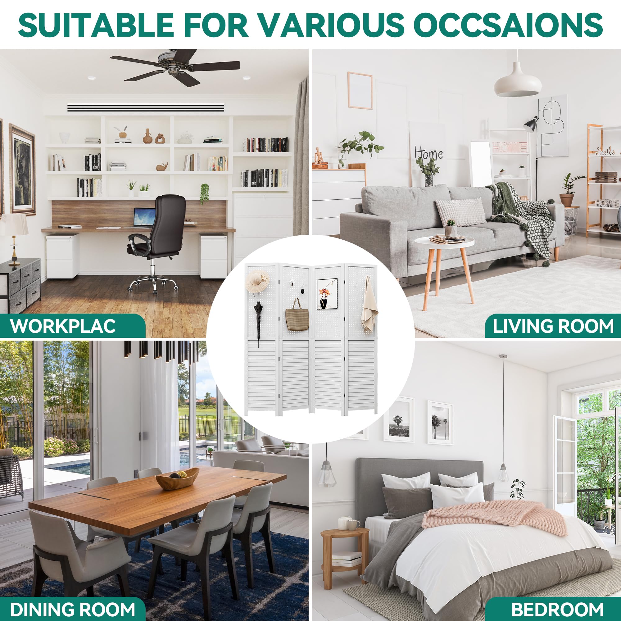 YITAHOME 5.6FT Wood PegBoard Room Divider 4 Panel Folding Privacy Screens and Pegboard Display, Standalone Portable Wall Divider Room Partition for Jewelry, Craft Show, Retail, Bedroom