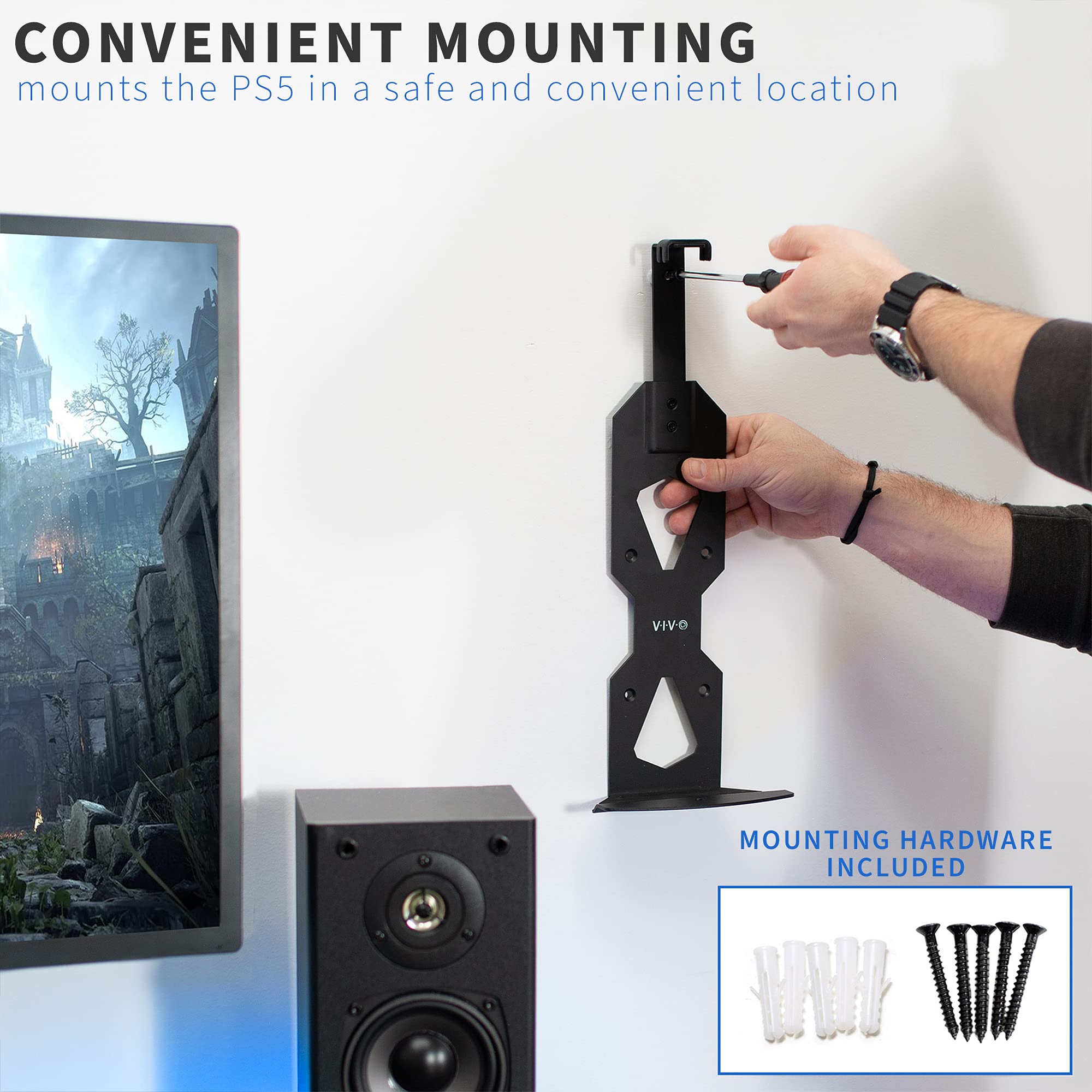 VIVO Steel Wall Mount Bracket Designed for PS5 Gaming Console, Vertical Display for PlayStation 5, Open Design, 2 Controller Mounts, Black, MOUNT-PS5B