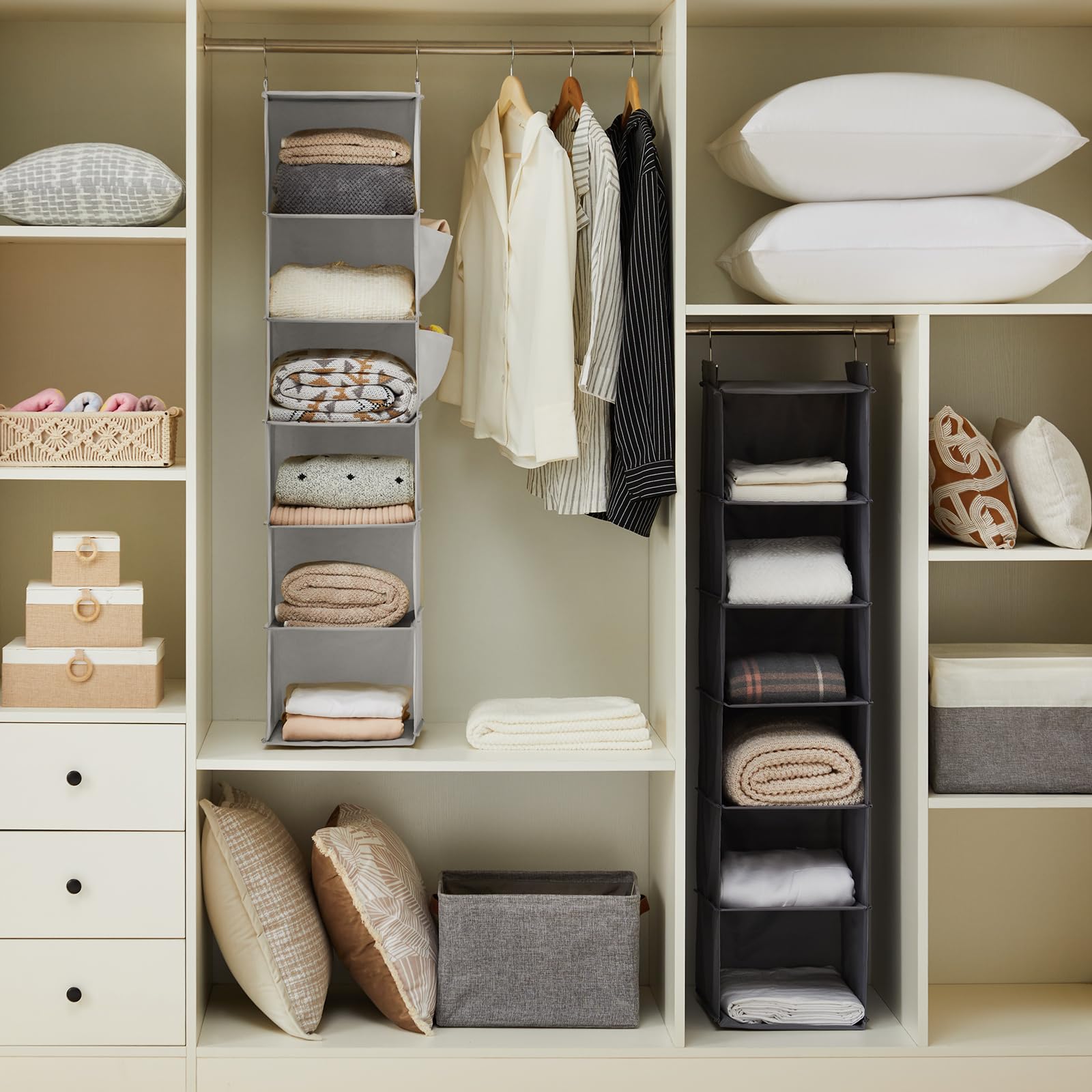 YOUDENOVA Hanging Closet Organizer, 6-Shelf Closet Hanging Storage Shelves, 2 Packs, Light Grey