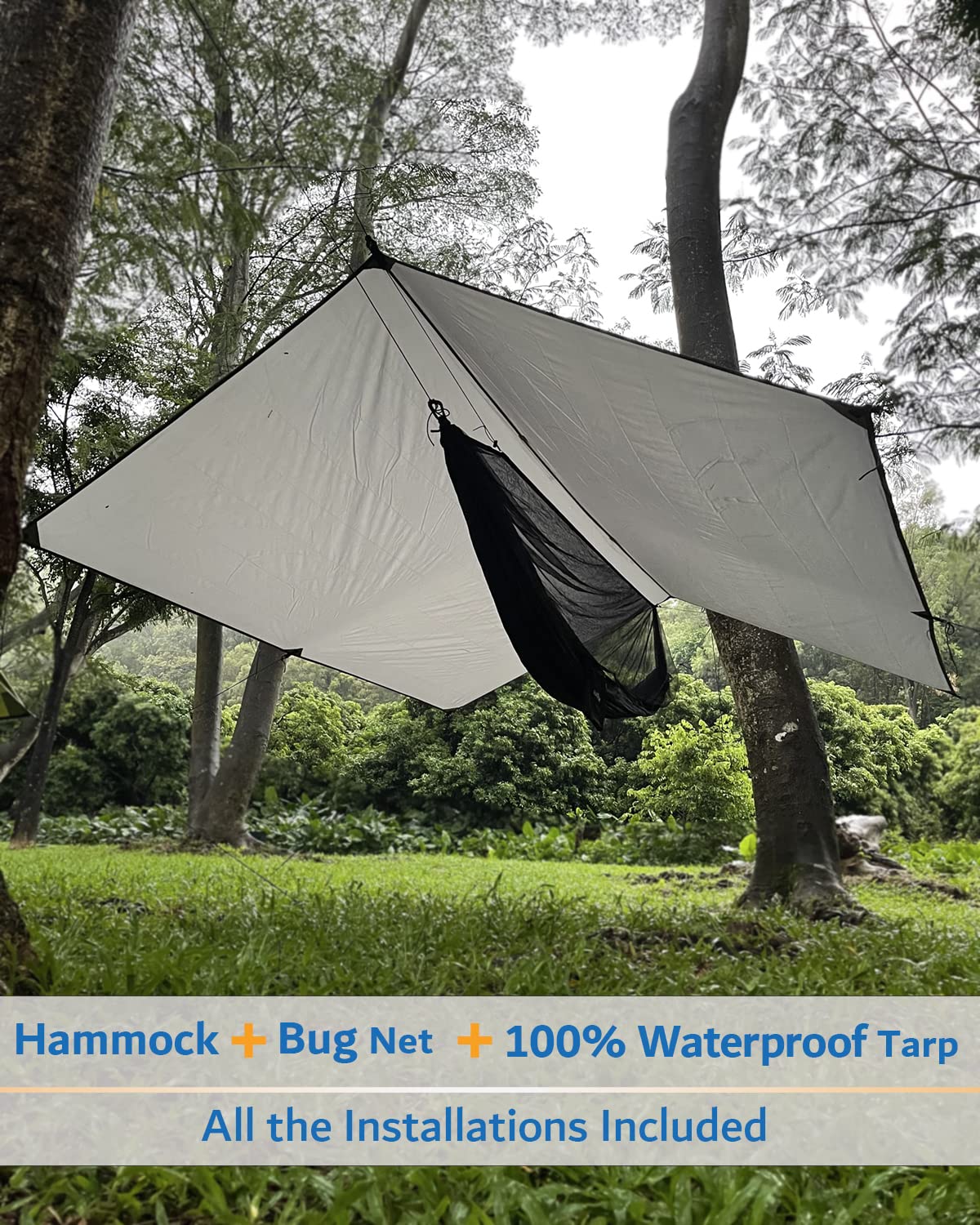 Sunyear Hammock Camping with Rain Fly Tarp and Net, Portable Camping Hammock Double Tree Hammock Outdoor Indoor Backpacking Travel & Survival, 2 Tree Straps,100% Waterproof, Black