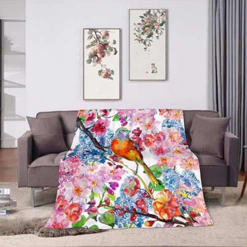 Throw Blanket 60x80 Inch,Bird Blossom Plum Vintage Flannel Soft Cozy Fluffy Throw Blankets and Warm Throws for Adults in Couch Sofa Bed 80x60 Inch