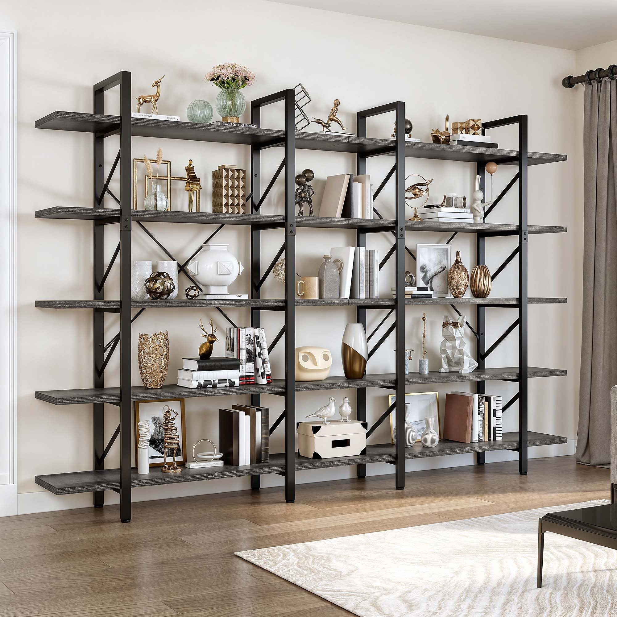 YITAHOME Book Shelf,5 Tier Bookcase, 12" D x 47" W x 71" H Large Industrial Shelf Storage Organizer for Living Room, Bedroom,Home Office, Free Standing Storage Shelving Unit, Charcoal Gray + Black